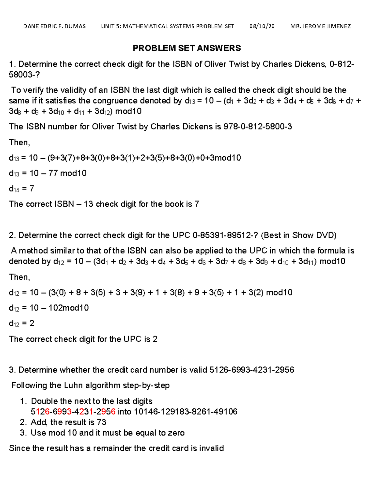 Problem Set Unit 5 Math Lecture Notes Discrete Mathematical Systems Dane Edric F Dumas Unit