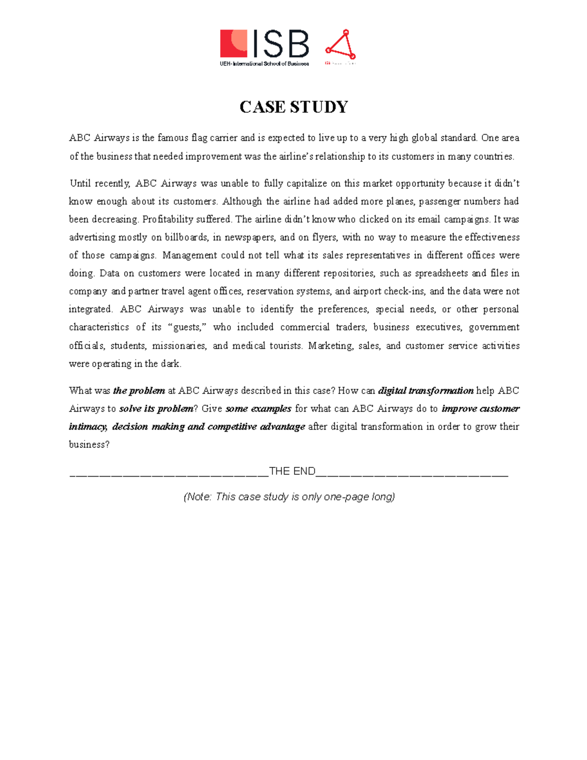 Individual Case Study - testbank - CASE STUDY ABC Airways is the famous ...