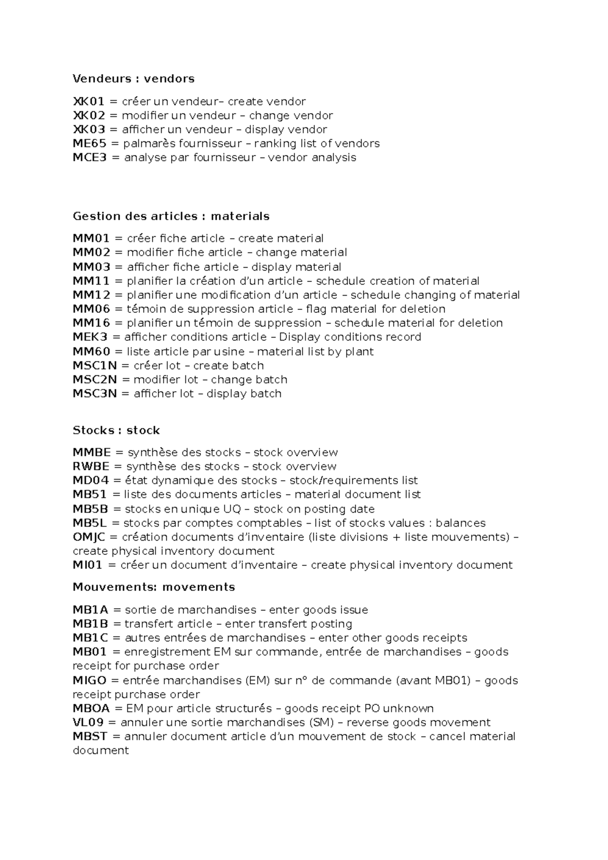 Transactions SAP - Vendeurs : vendors XK01 = créer un vendeur– create ...