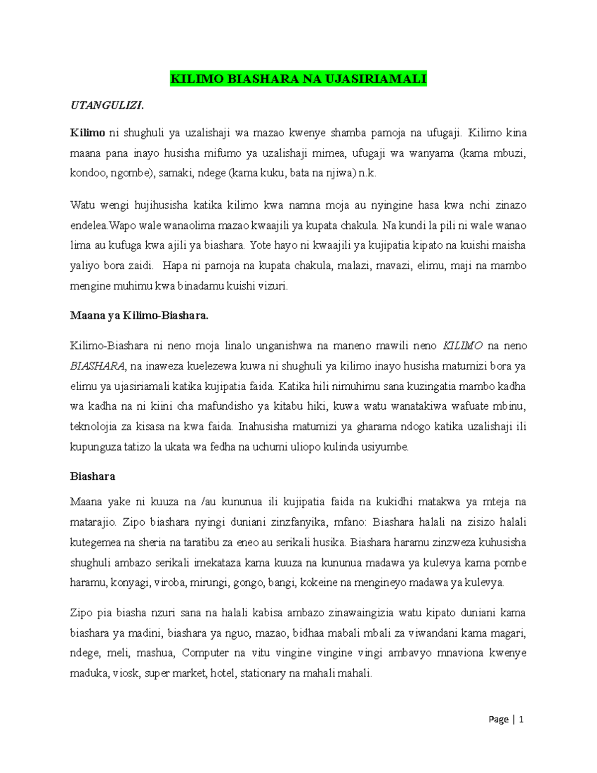 Kilimo Biashara NA Ujasiriamali docx - KILIMO BIASHARA NA UJASIRIAMALI ...