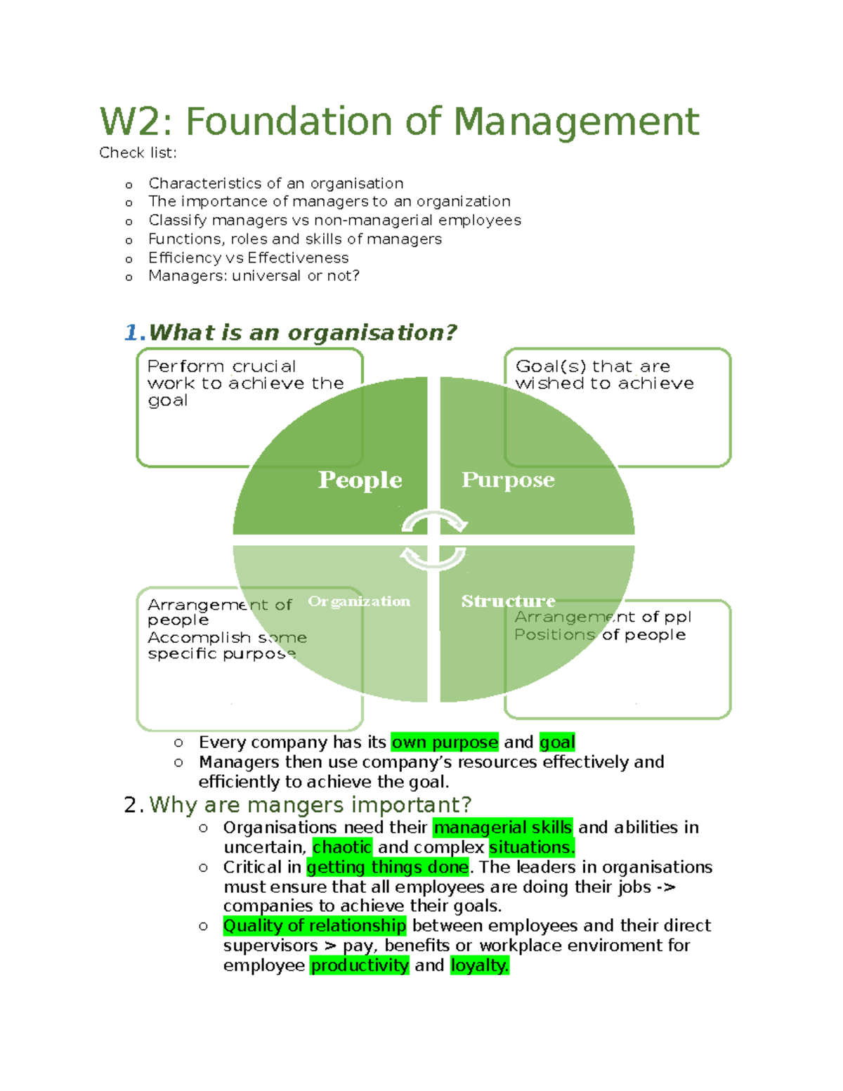 W2 - Lecture notes 2 - W2: Foundation of Management Check list: o ...