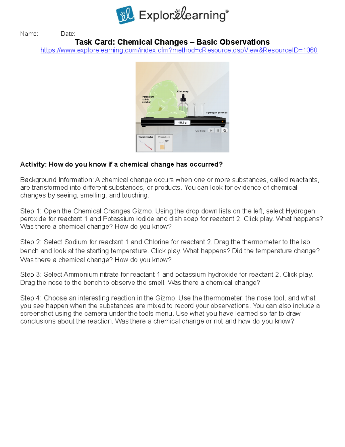 Explore Learning LM 1588019712189 - Name: Date: Task Card: Chemical ...