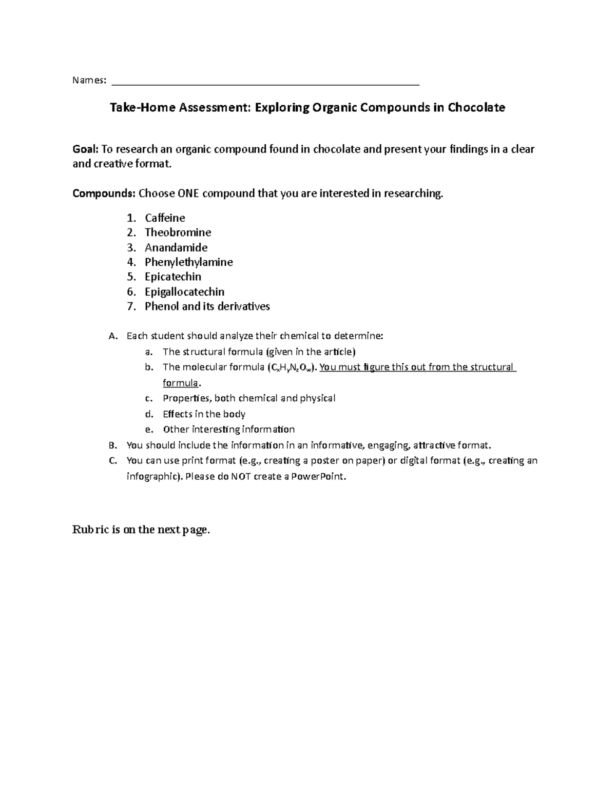 Organic Compounds Take-Home Assessment - Names: - Studocu