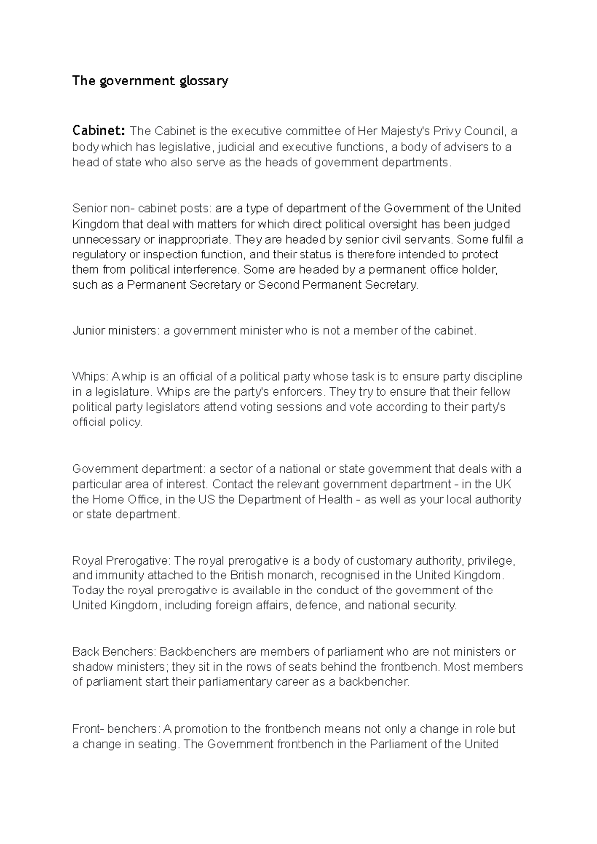 The government glossary - The government glossary Cabinet: The Cabinet ...