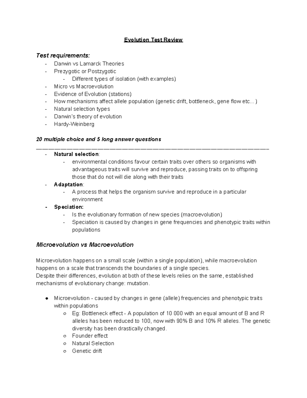 Evolution - review - Evolution Test Review Test requirements: Darwin vs ...