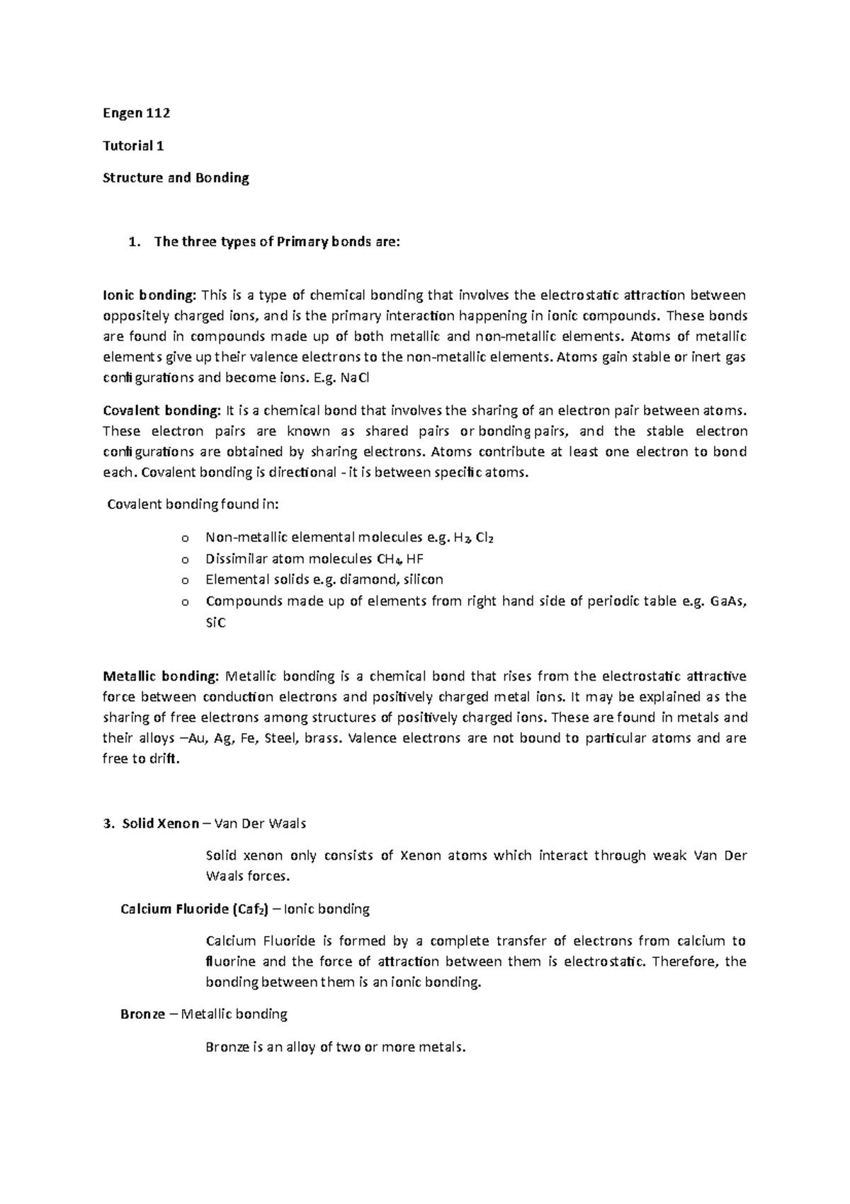 Engen 112 Tutorial 1- structure & bonding - Engen 112 Tutorial 1 ...