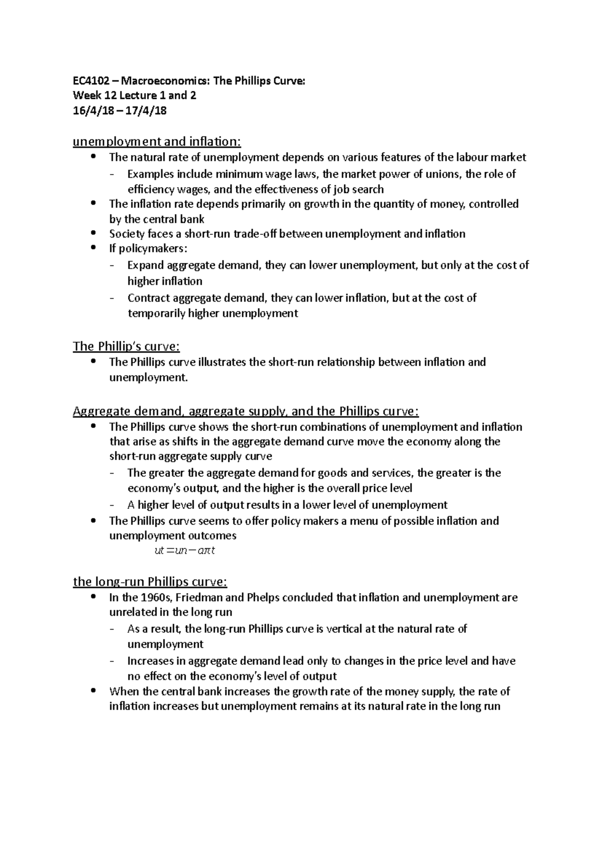 Week 12 Lecture 1 2 EC4102 - EC4102 – Macroeconomics: The Phillips Curve: Week 12 Lecture 1 and ...