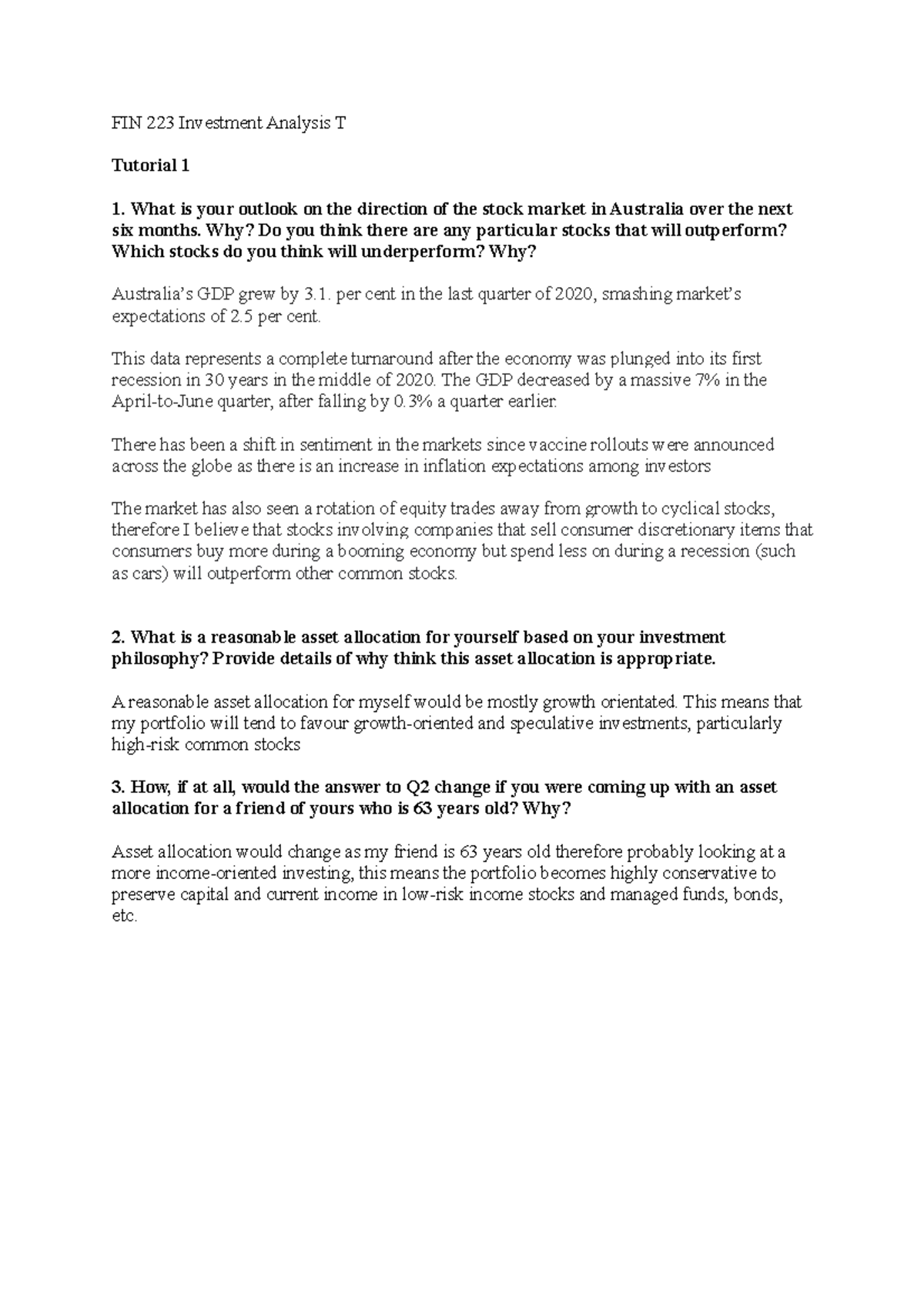 FIN 223 Tut 1 Q's - Tut Q's - FIN 223 Investment Analysis T Tutorial 1 ...
