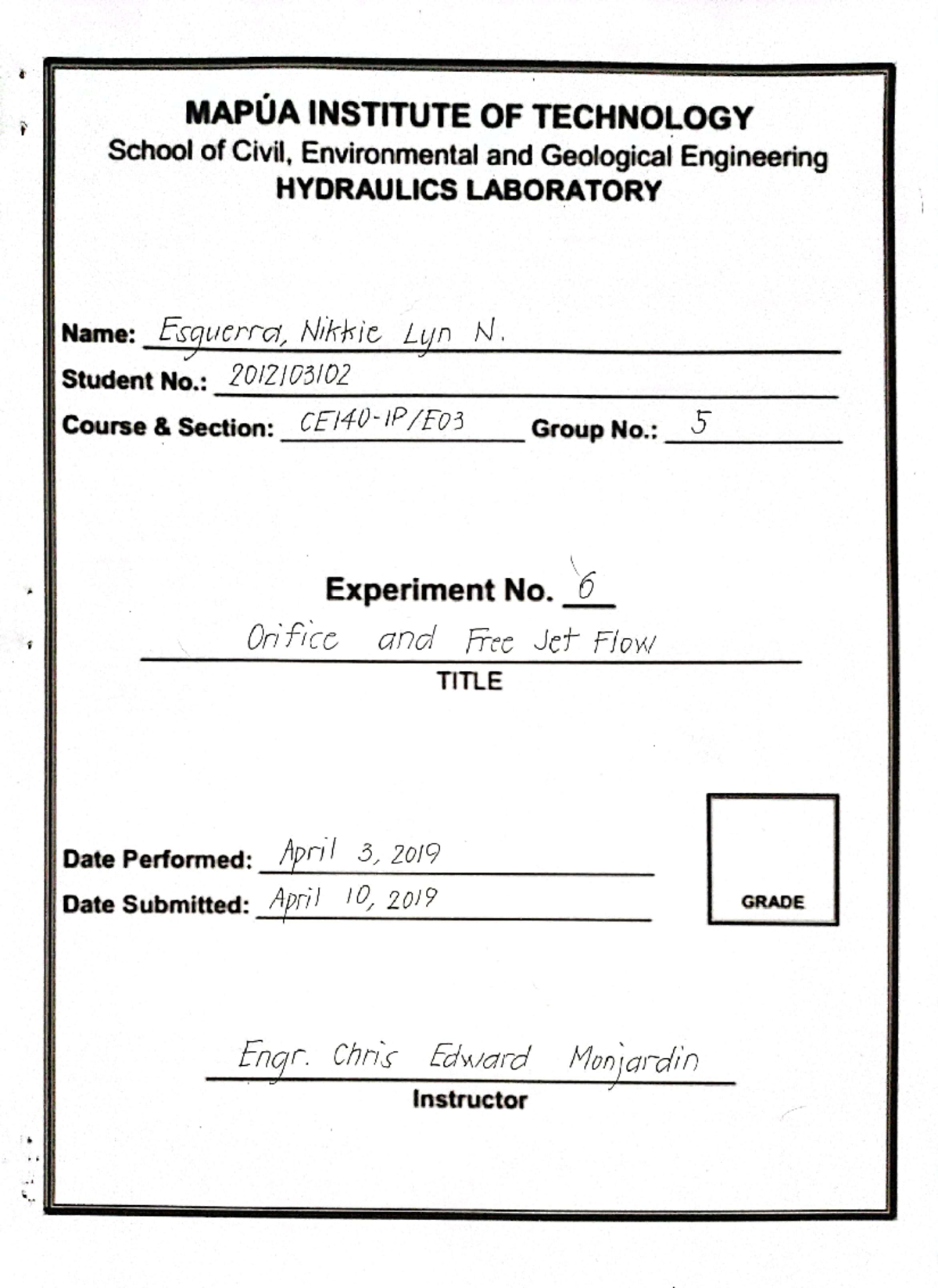 Experiment 6 - Orifice and Free Jet Flow - Mechanics of Fluids - Studocu