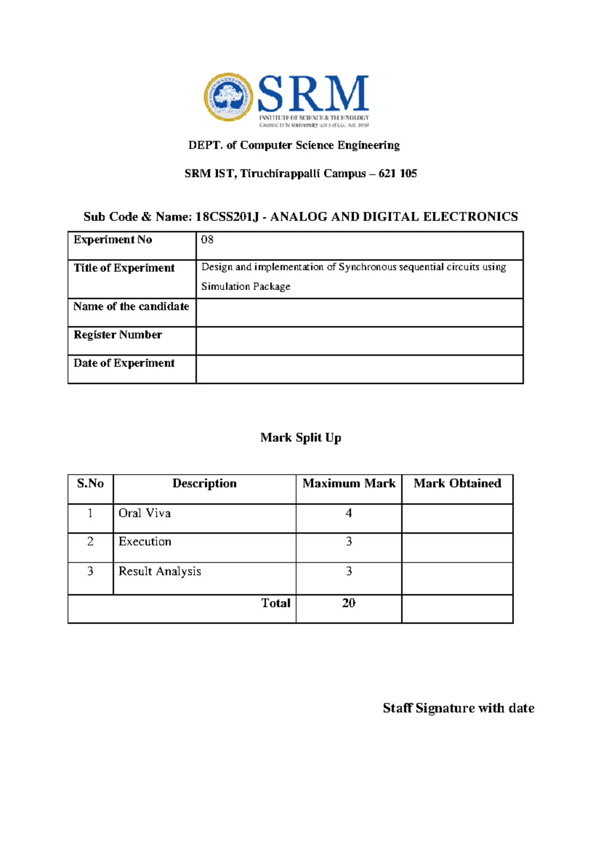 ADE Exp 8 - LAB WORK - DEPT. of Computer Science Engineering SRM IST ...