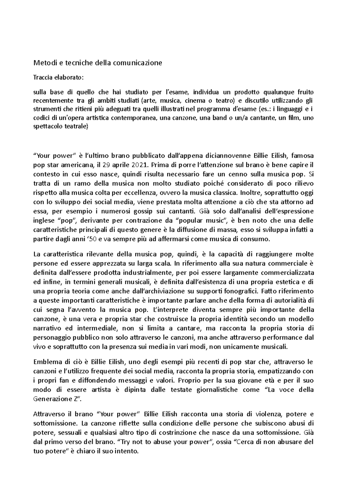 Tipologia elaborato d'esame - esempio prova - Metodi e tecniche della comunicazione Traccia ...