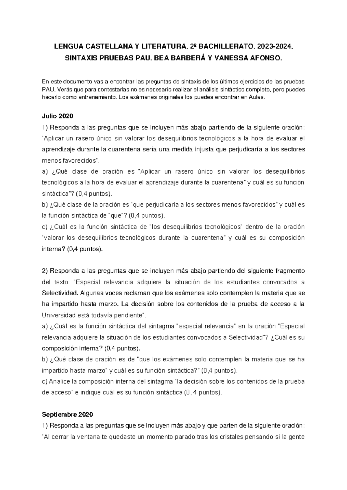05. Sintaxis PAU 2020 a 2023 - LENGUA CASTELLANA Y LITERATURA. 2º ...