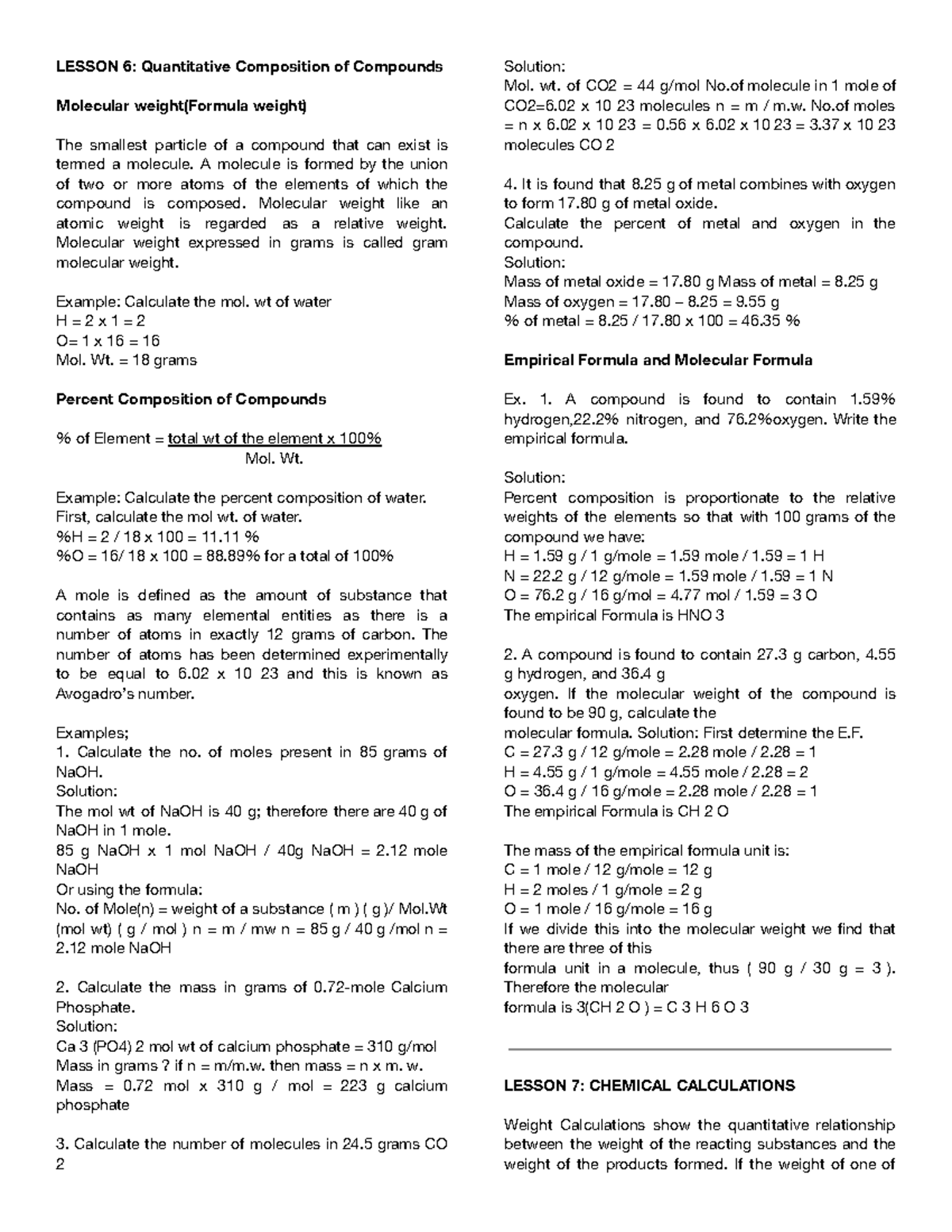 CHEM Finals Reviewer - Gen. Chem - LESSON 6: Quantitative Composition ...