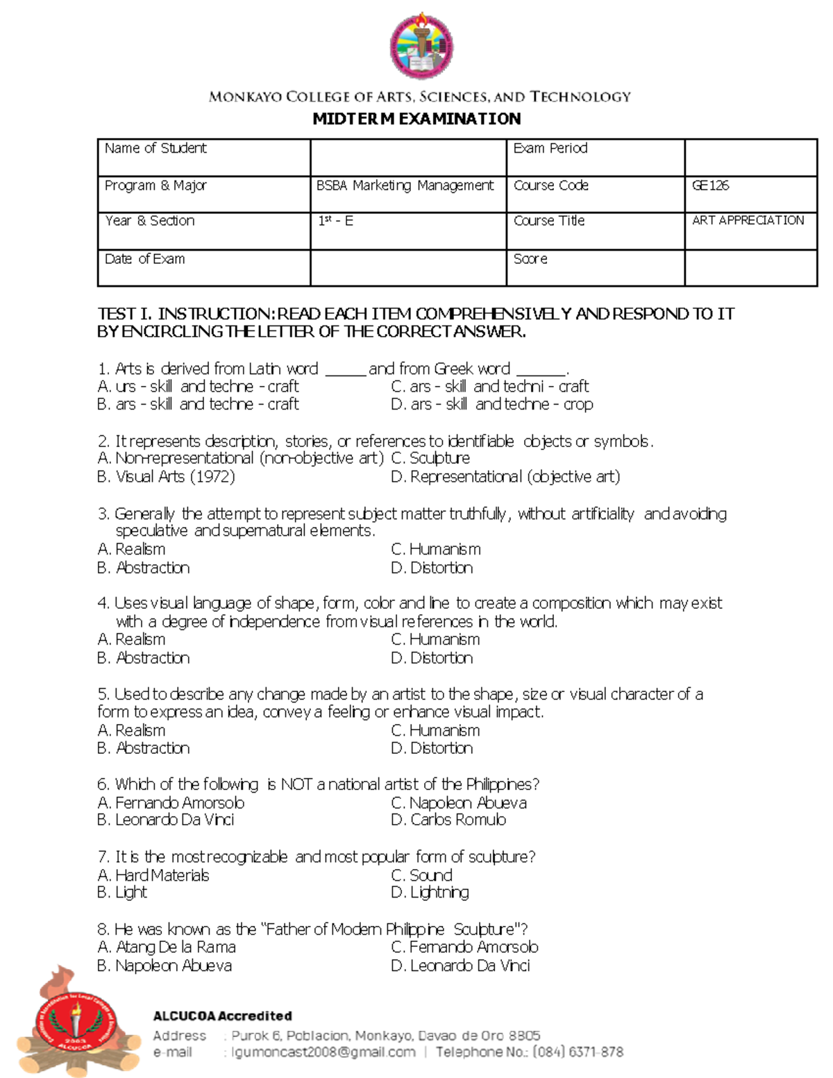 Midterm exam ART Appreciation - MIDTERM EXAMINATION TEST I. INSTRUCTION ...