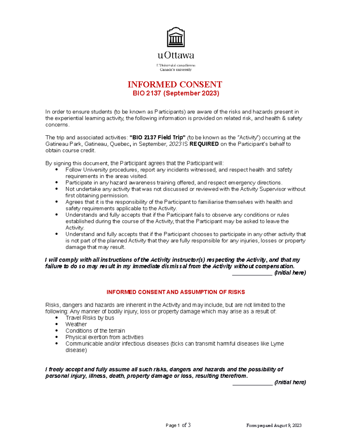 Consent FORM BIO - field trip form - INFORMED CONSENT BIO 2137 ...