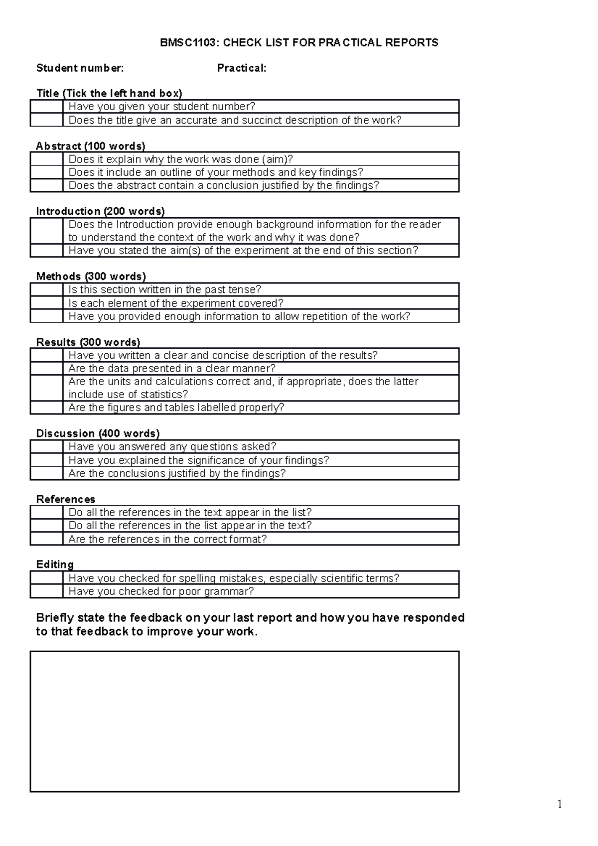 BMSC1103 Check list for practical reports(1) - BMSC1103: CHECK LIST FOR ...