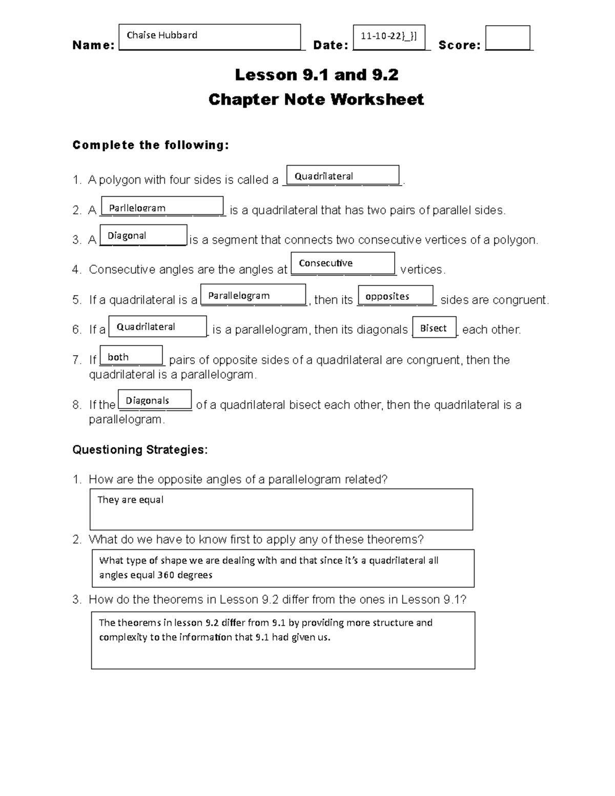 Lesson 9.1 and 9.2 Chapter Note Worksheet - Name ...