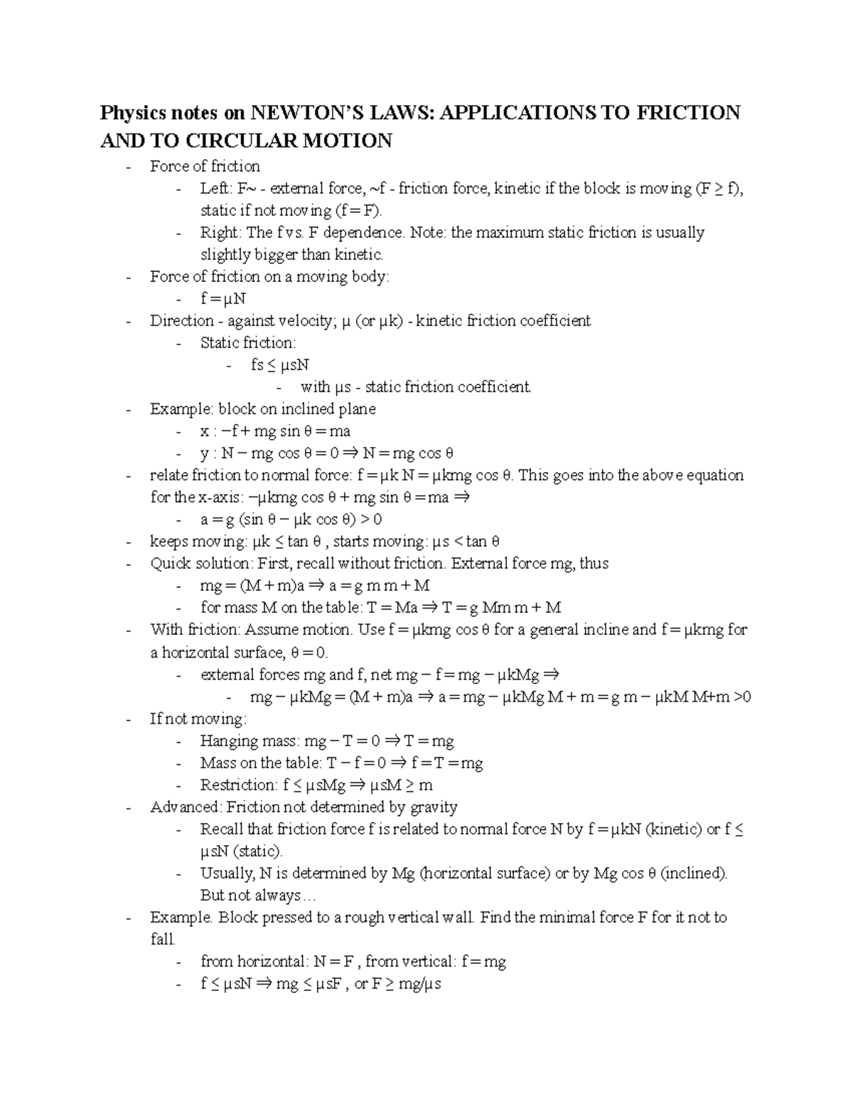 Physics notes on Newton’S LAWS Applications TO Friction AND TO Circular ...