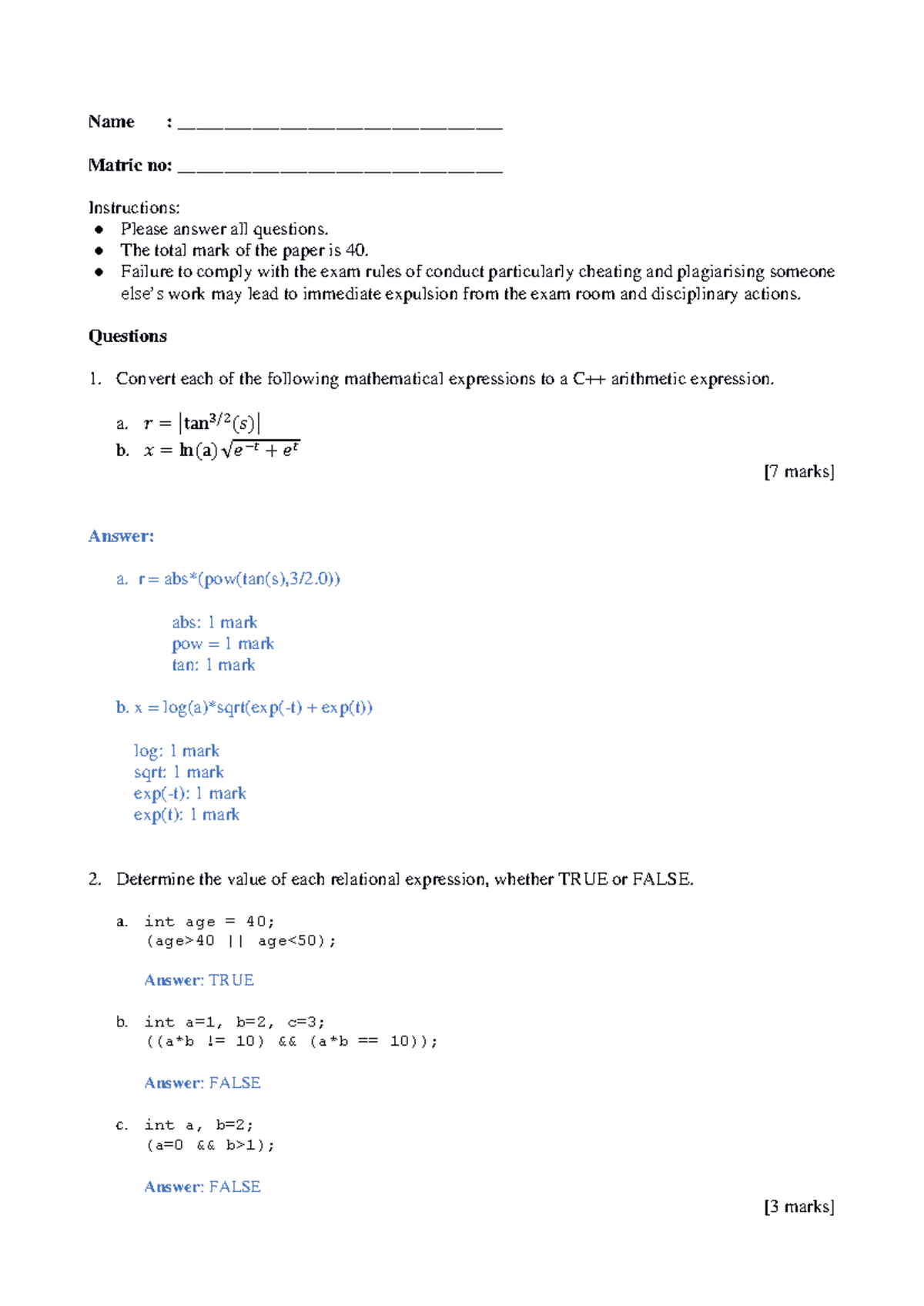Midsem Coding Answer 2022/2023 - Name : ___________________________________ Matric no: - Studocu