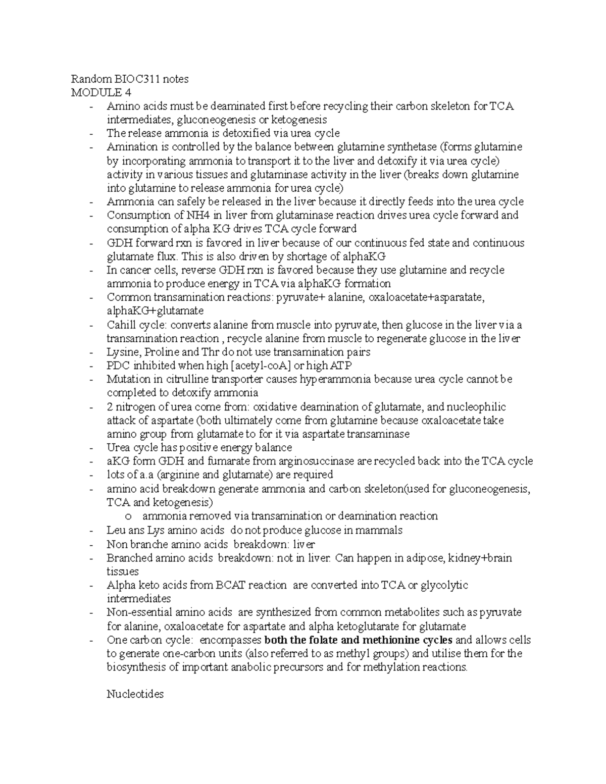 Random BIOC311 notes - Random BIOC311 notes MODULE 4 - Amino acids must ...