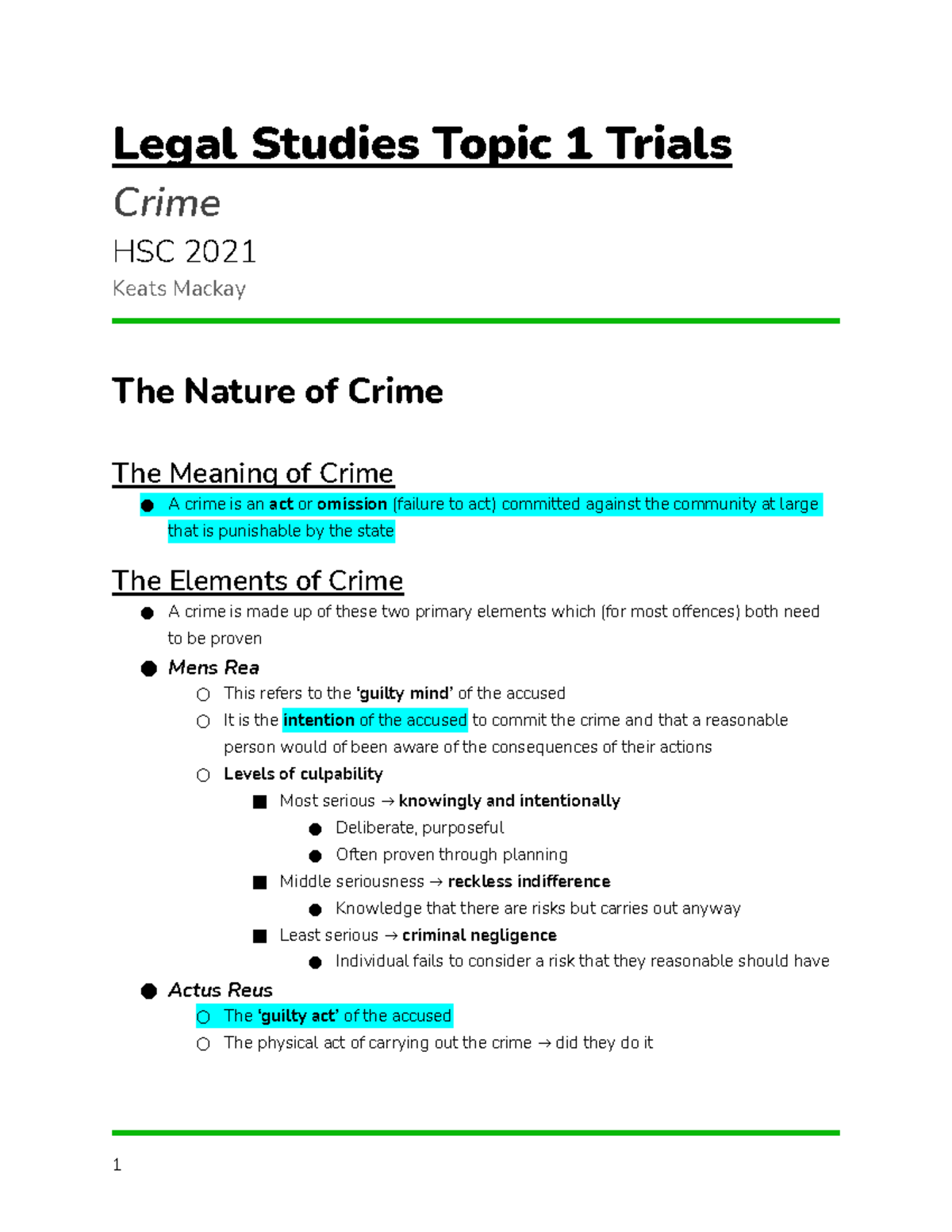 Crime Trials MC Notes - ftb - Legal Studies Topic 1 Trials Crime HSC ...