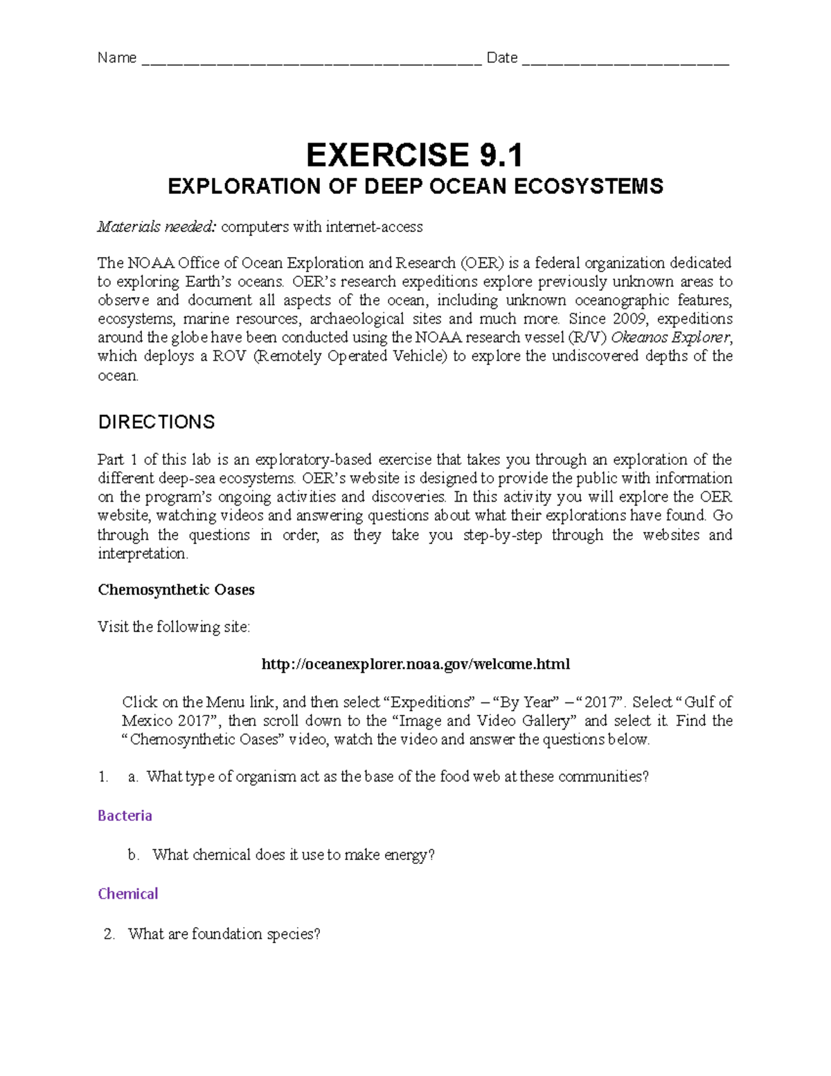 Lab 9 Deep Sea Worksheet - EXERCISE 9. EXPLORATION OF DEEP OCEAN ...