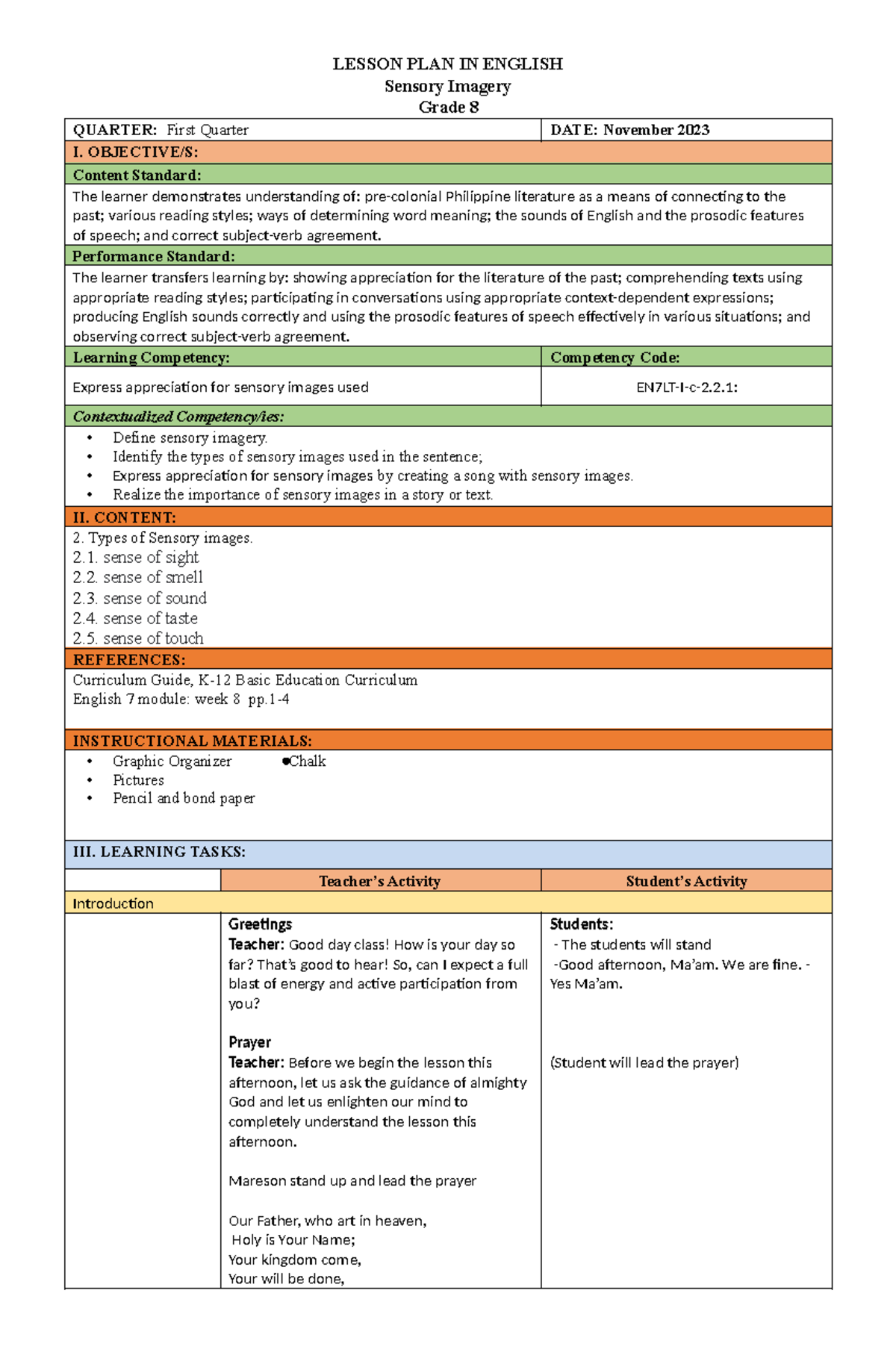 Sensory Imagery - lectures - LESSON PLAN IN ENGLISH Sensory Imagery ...