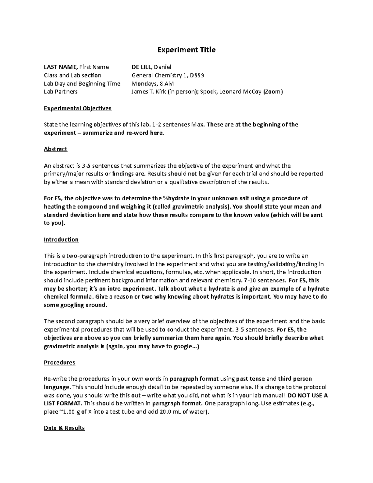 Full Lab Report Template Expt 5 - Experiment Title LAST NAME , First ...