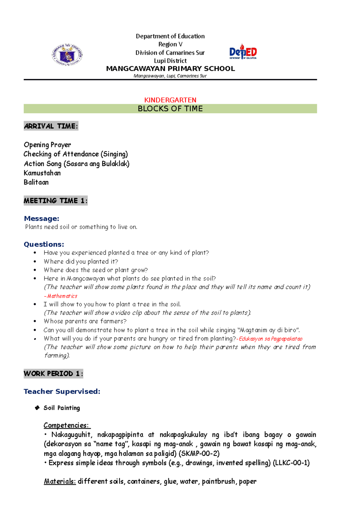 Kindergarten COT DLP Modified Lesson Plan Week 34 - Department of ...