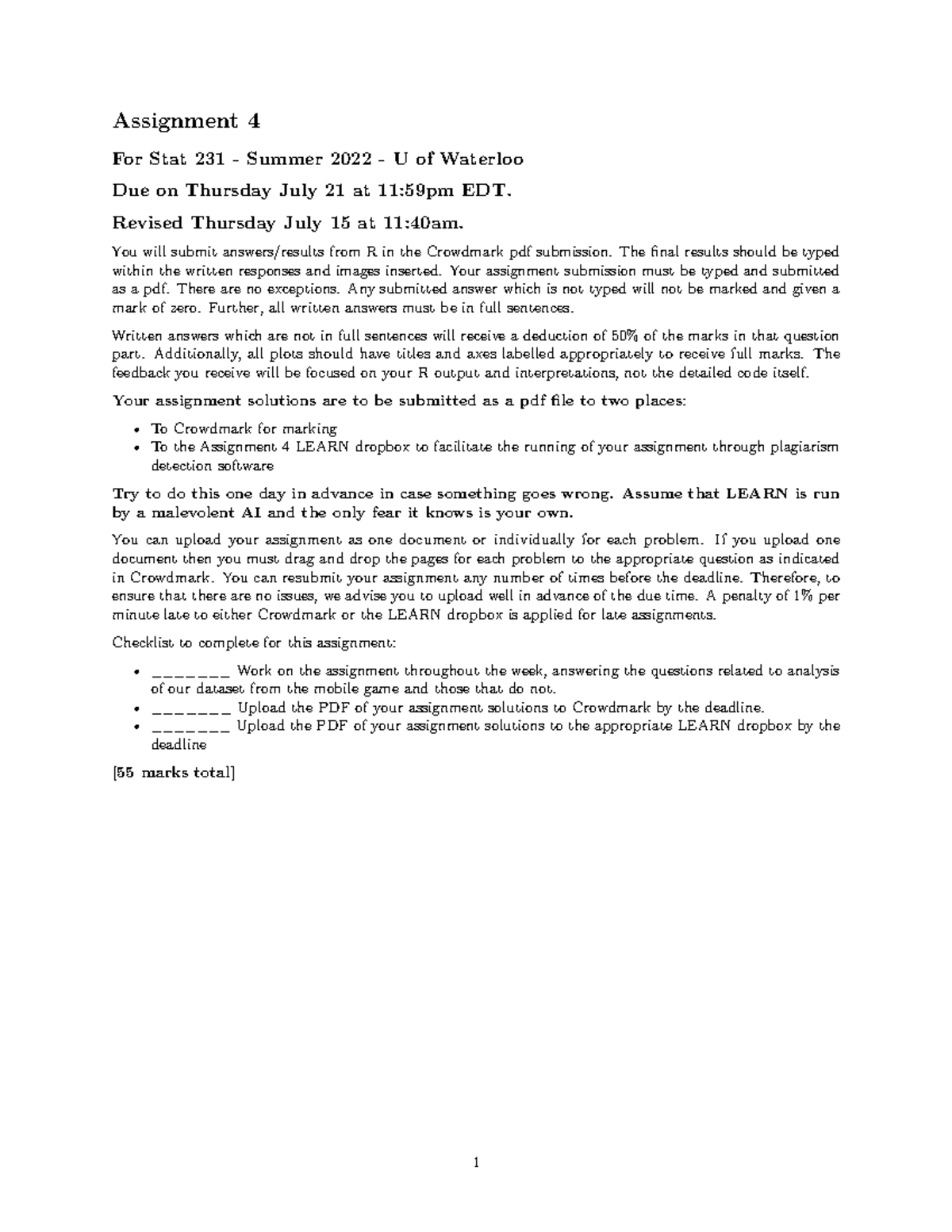 S231-S2022-A4 - assignment 4 of stat 231 spring 2022 - Assignment 4 For ...