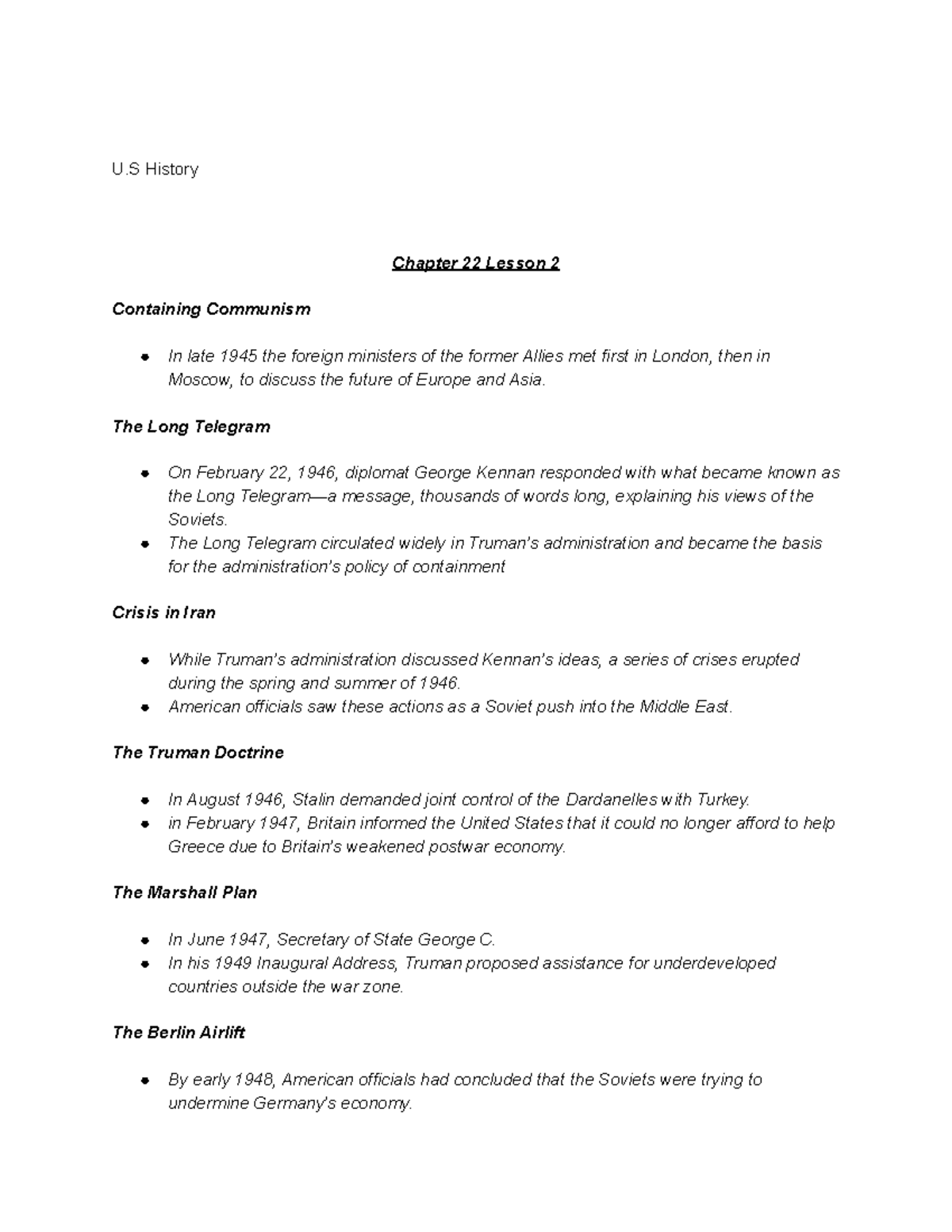 lecture course work and assignments for United States History class ...