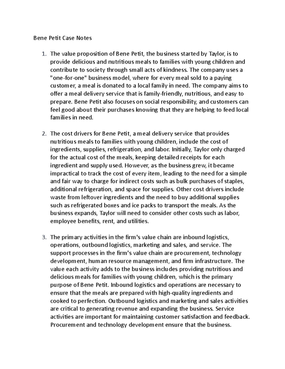 Bene Petit Case Notes - Bene Petit Case Notes The value proposition of ...