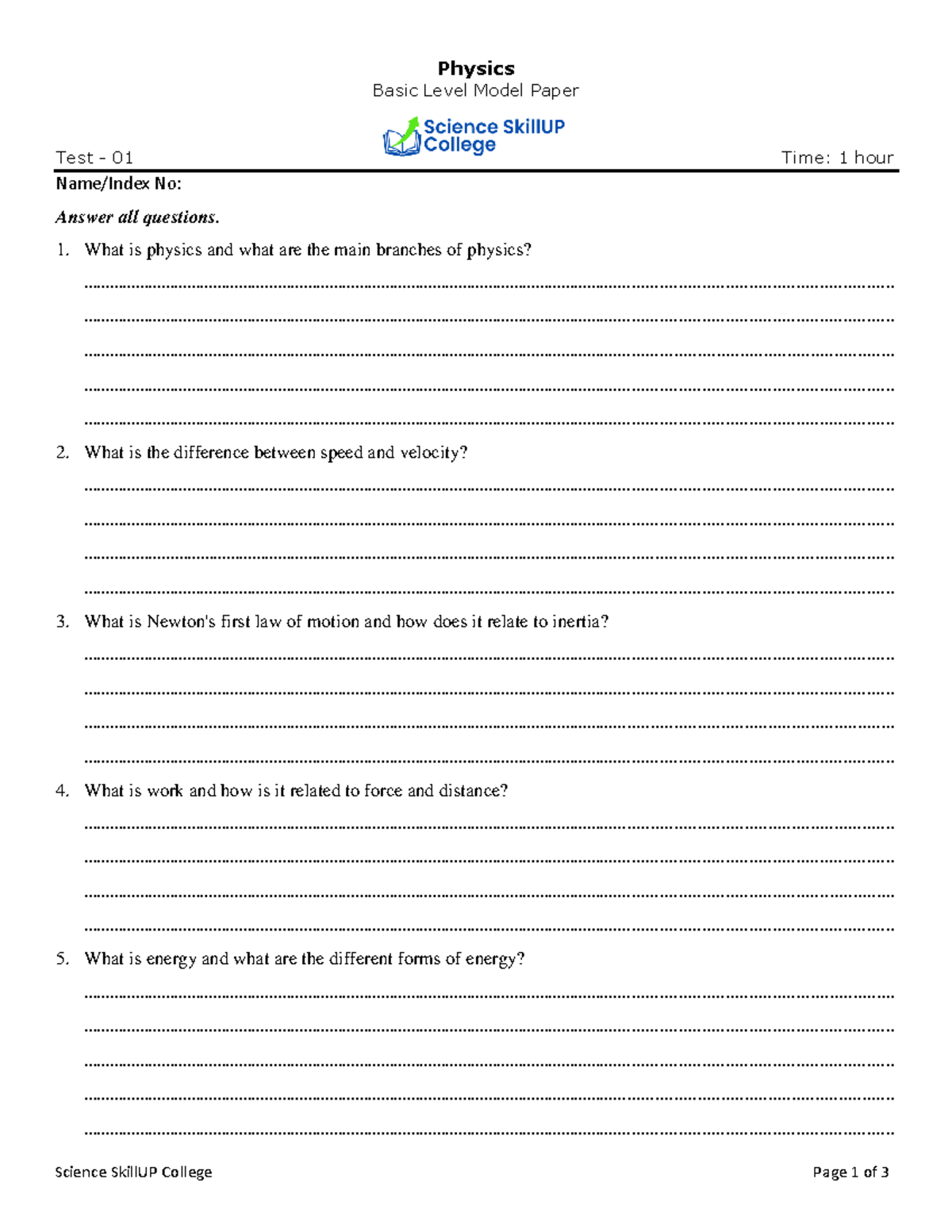 Physics Basic Test - Physics Basic Level Model Paper Test - 01 Time: 1 ...