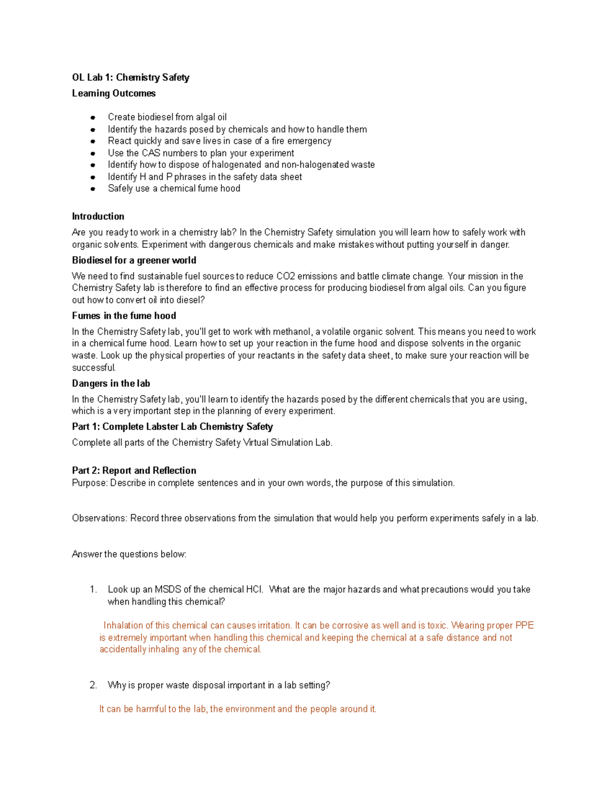 Chem Lab 1 Chemistry Safety - OL Lab 1: Chemistry Safety Learning ...