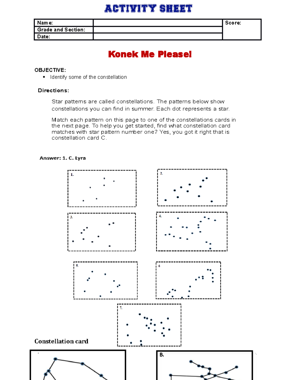 ACTIVITY SHEETS IN CONSTELLATION - B. Name: Score: Grade and Section ...
