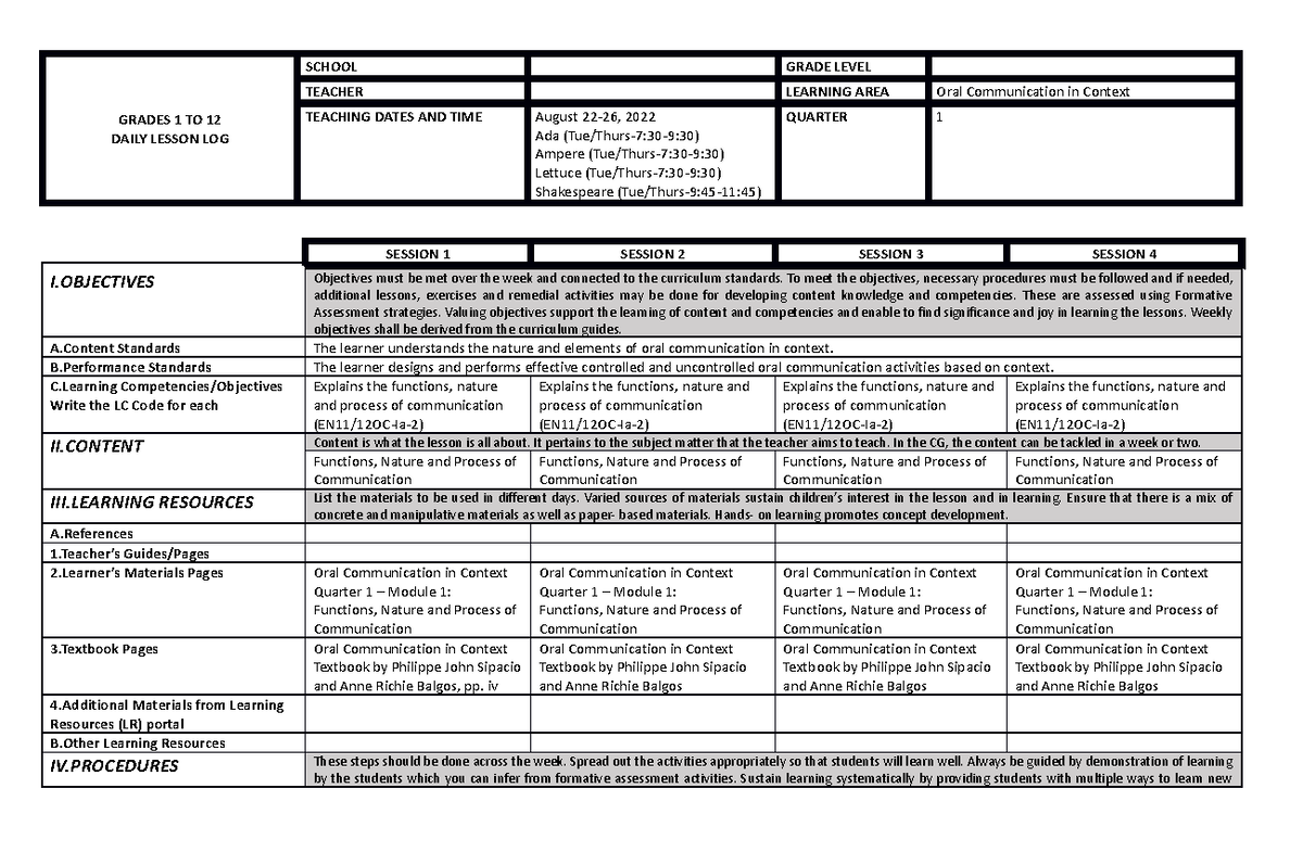 OC Q1 W1 - dll - GRADES 1 TO 12 DAILY LESSON LOG SCHOOL GRADE LEVEL ...