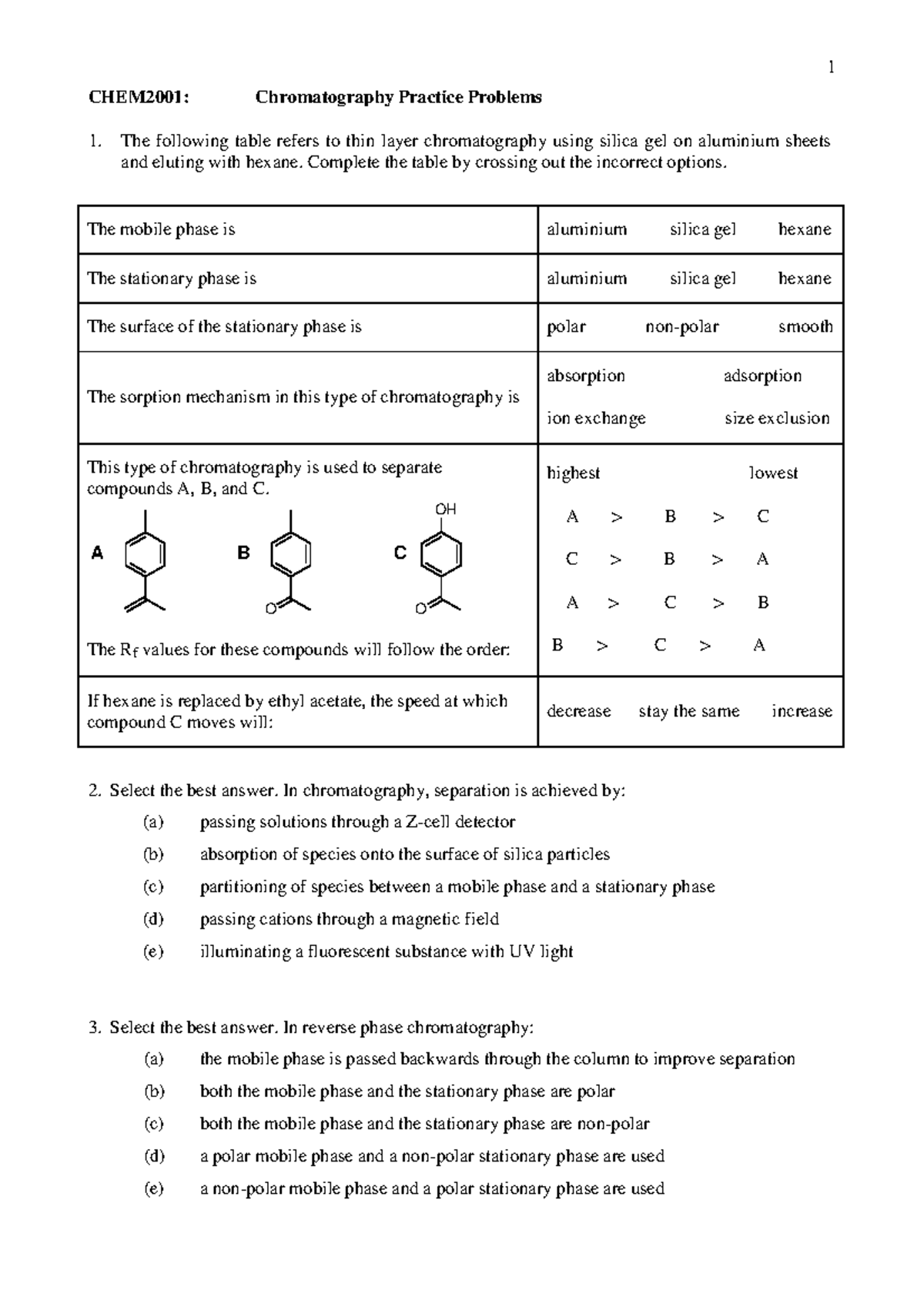 Chem2001 Chromatography Practice Problems 1 Chem2001 1 Chromatography Practice Problems The