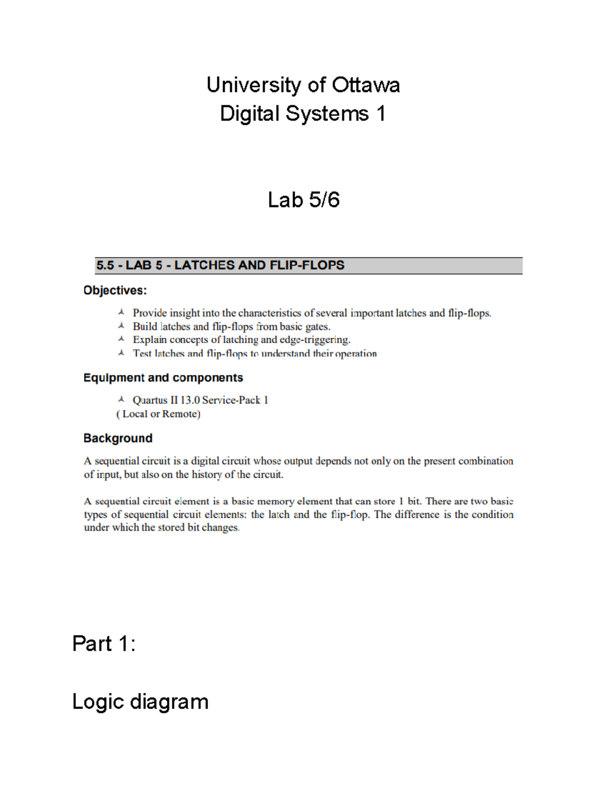 LAB5 ITI 1100 - LAB5 ITI 1100 - University of Ottawa Digital Systems 1 Lab 5/ Part 1: Logic ...