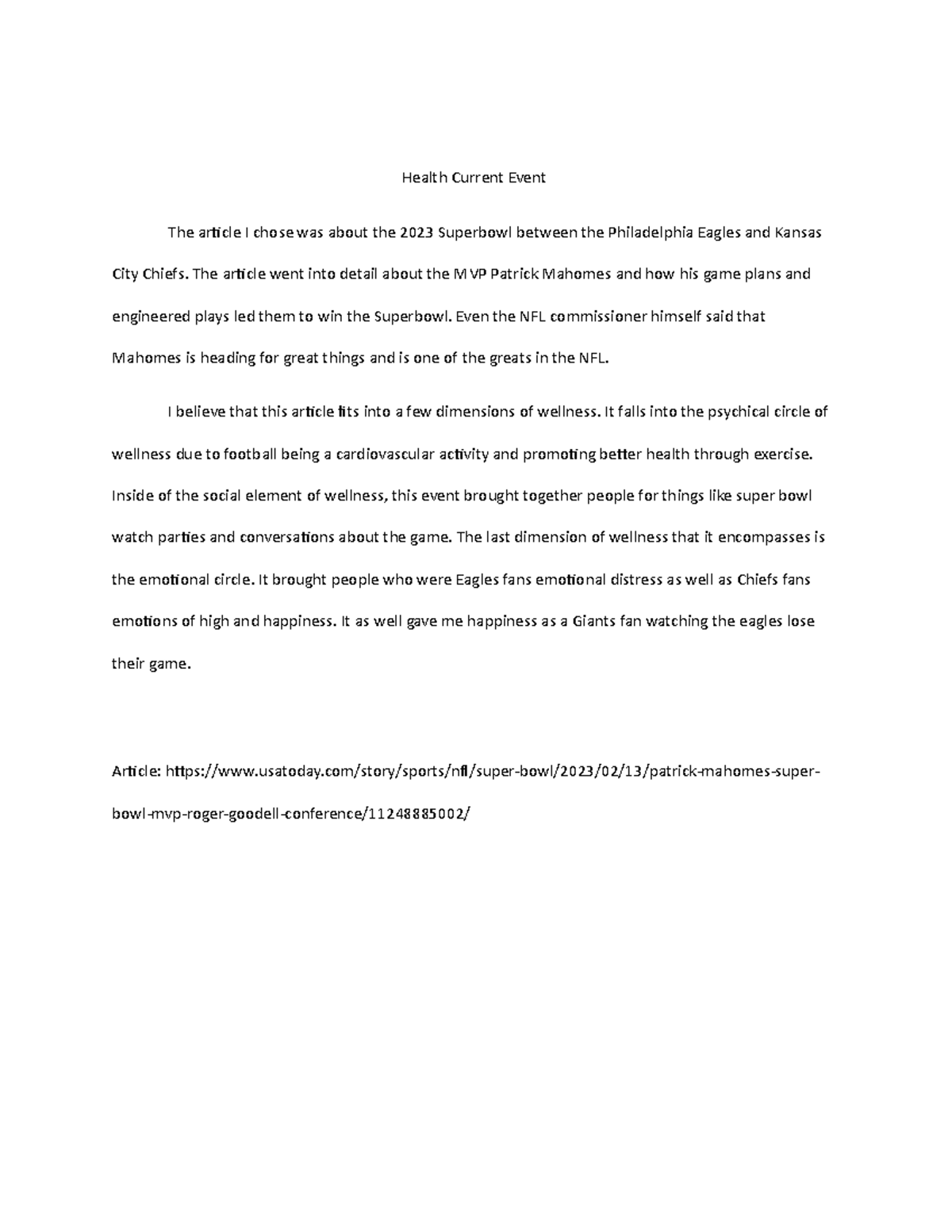 Health Current Event - The article went into detail about the MVP ...