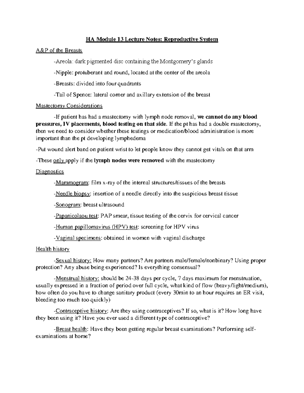 HA Module 13 Lecture Notes Reproductive System - If the pt has had a ...