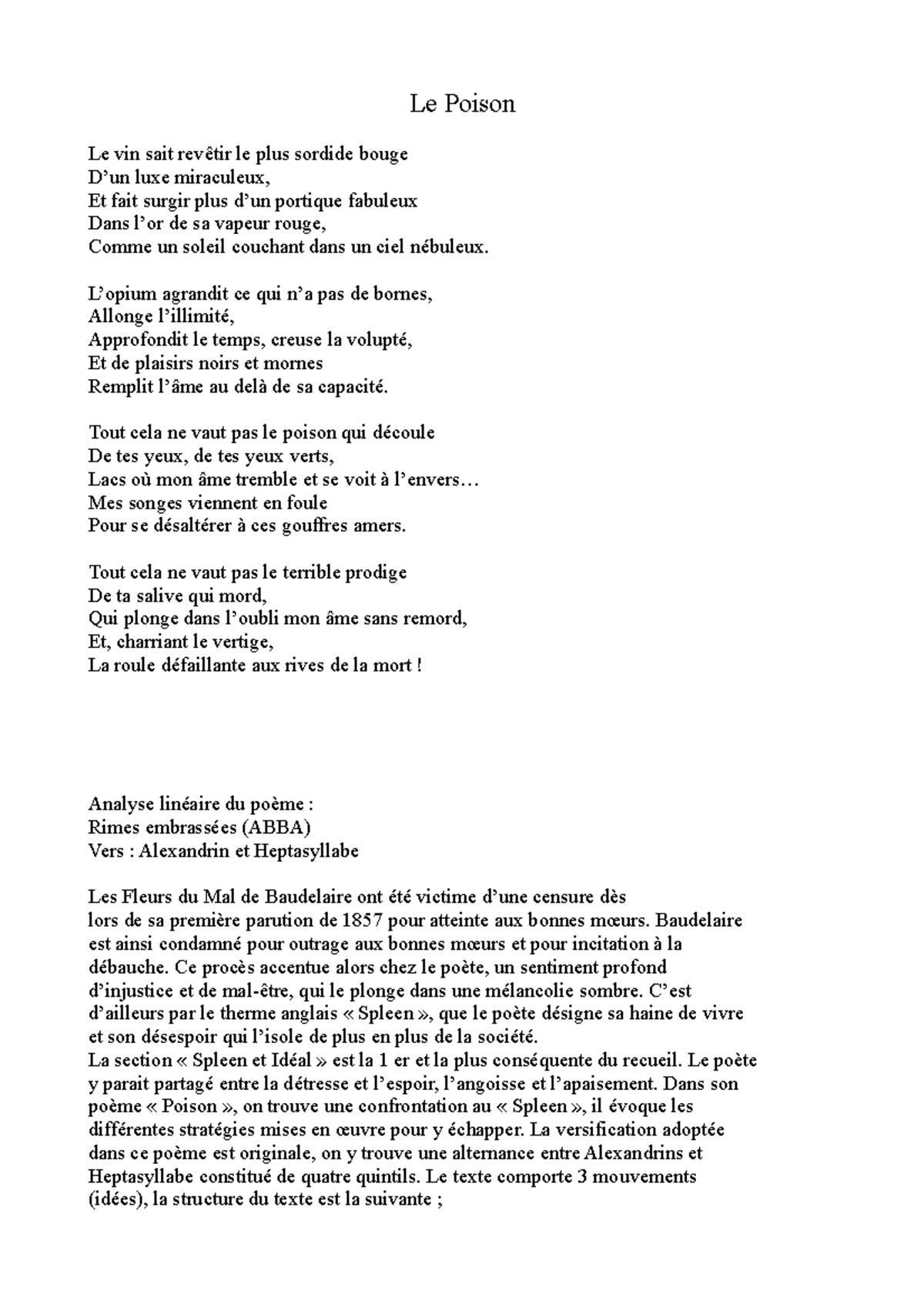 Le Poison Baudelaire - Le Poison Le vin sait revêtir le plus sordide ...