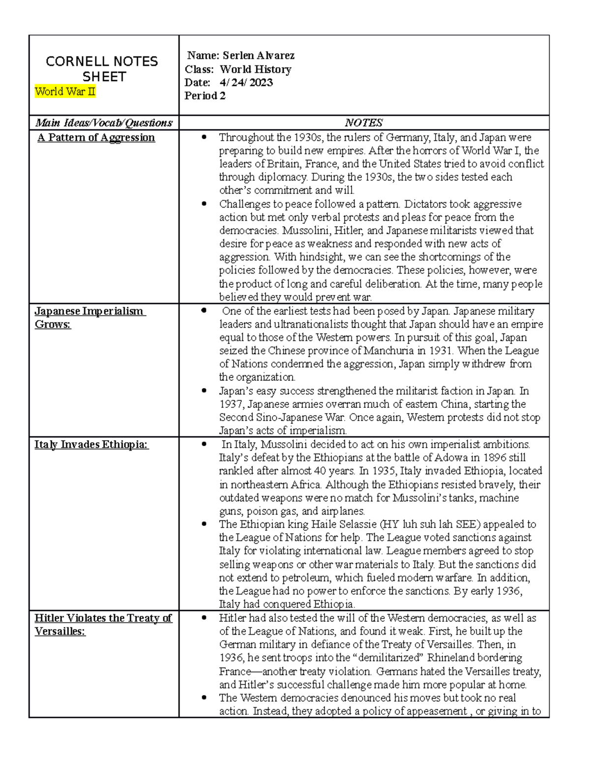 (World War II) - Good notes - CORNELL NOTES SHEET World War II Name ...
