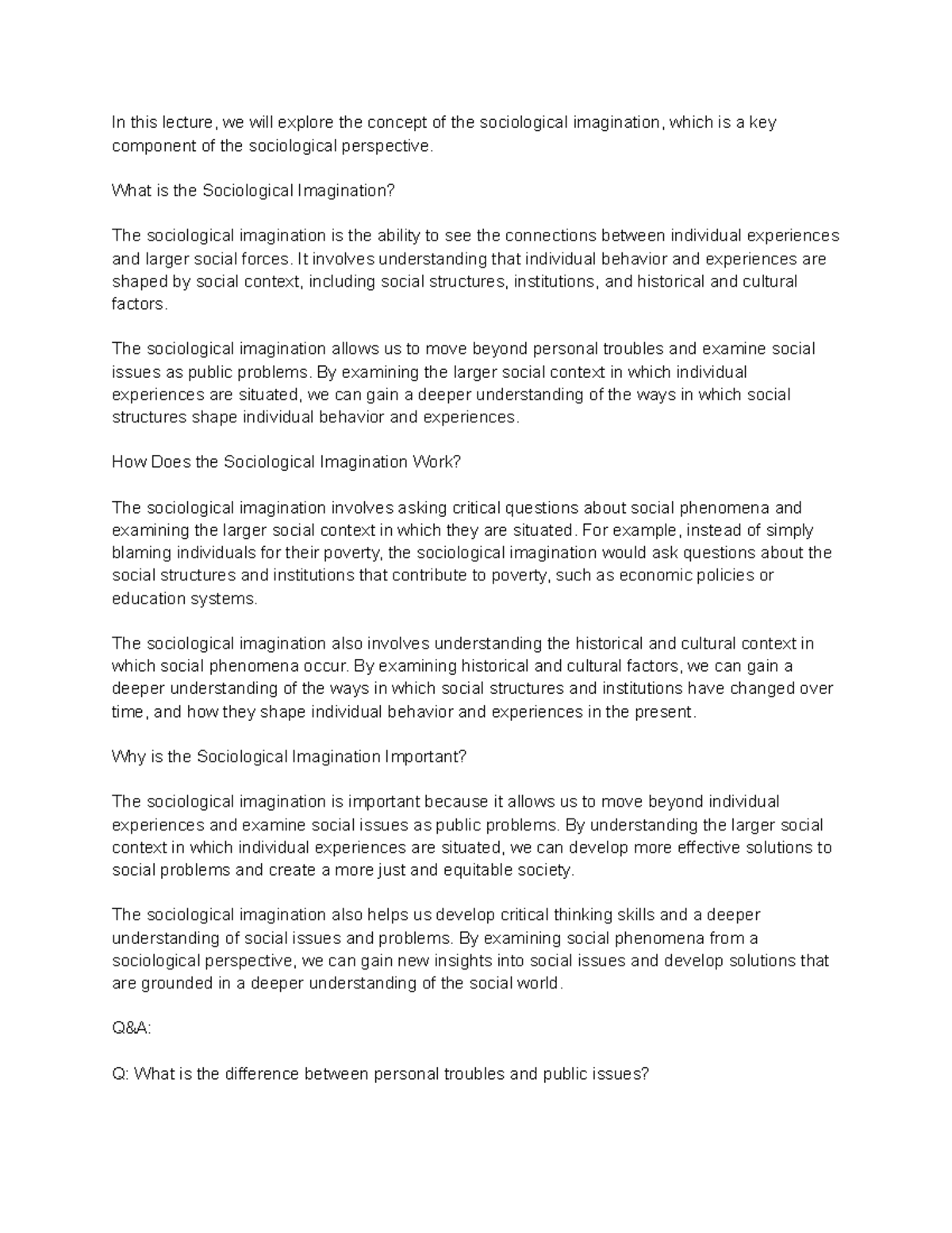 Lecture #2 The Sociological Imagination - In this lecture, we will ...