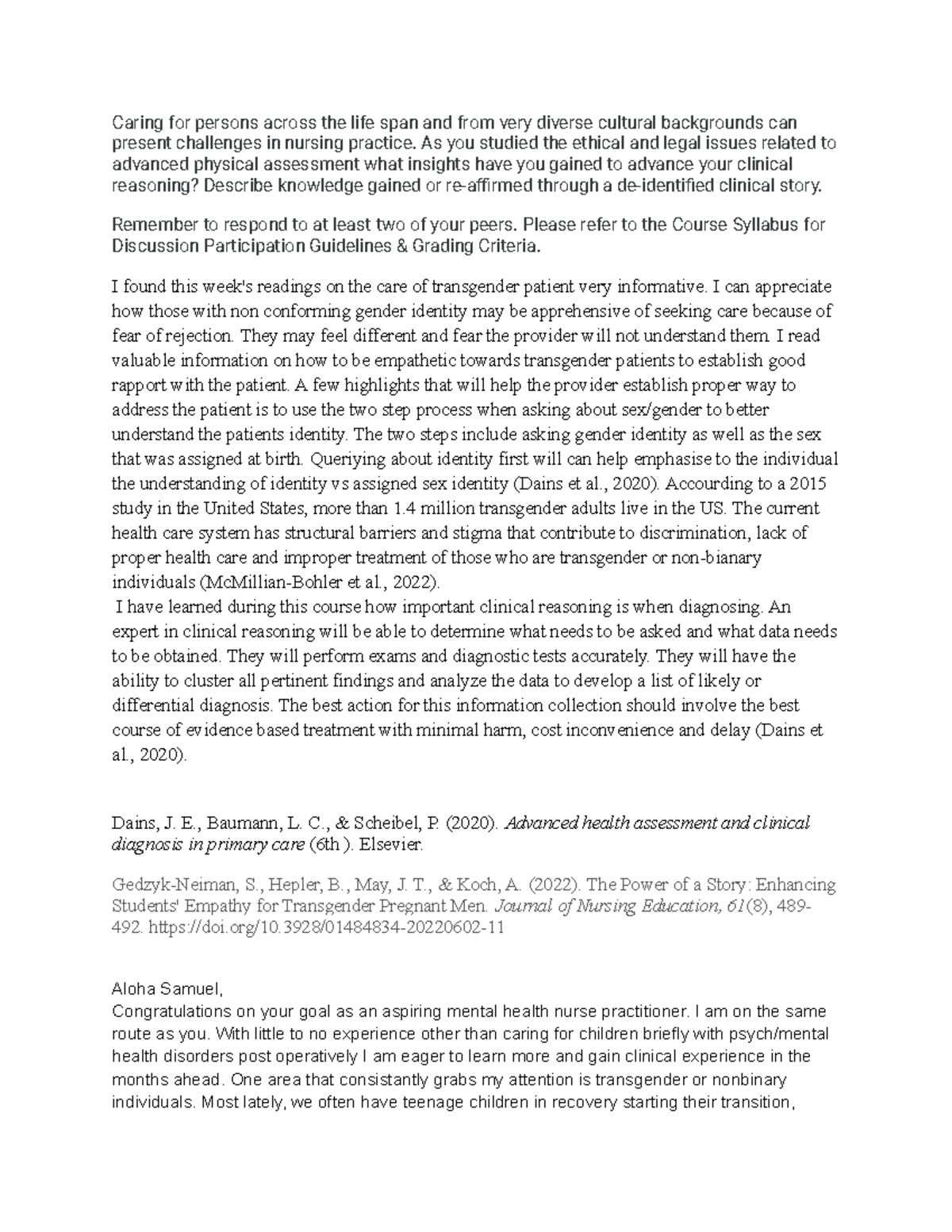 Week 7 - Examples of discussions - Caring for persons across the life ...