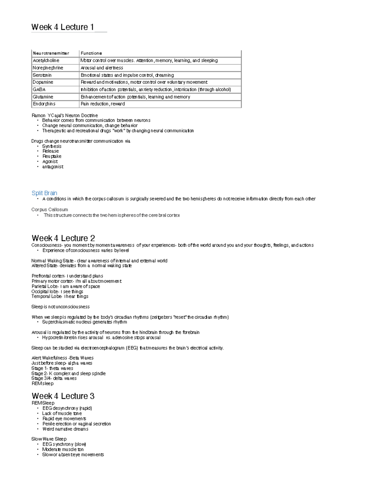 Psychology 4 - Week 4 notes - Week 4 Lecture 1 Neurotransmitter ...