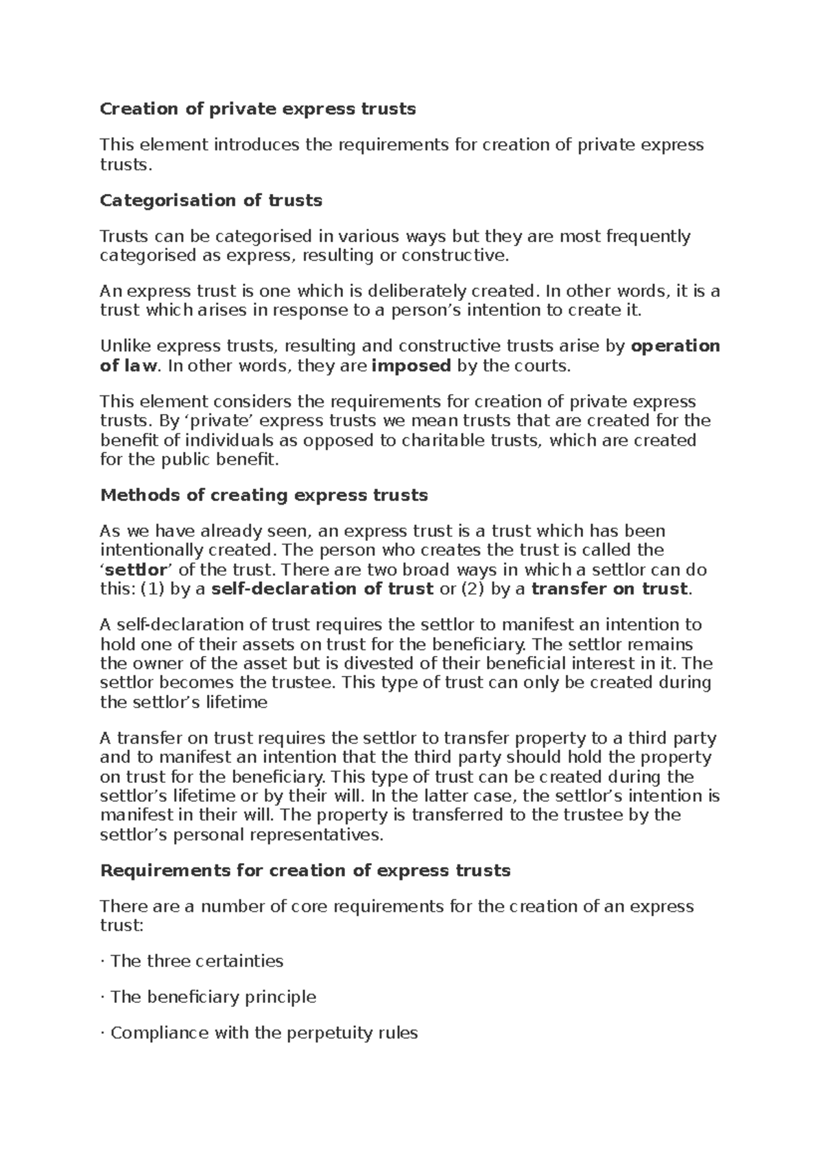 Creation of private express trusts - Categorisation of trusts Trusts ...