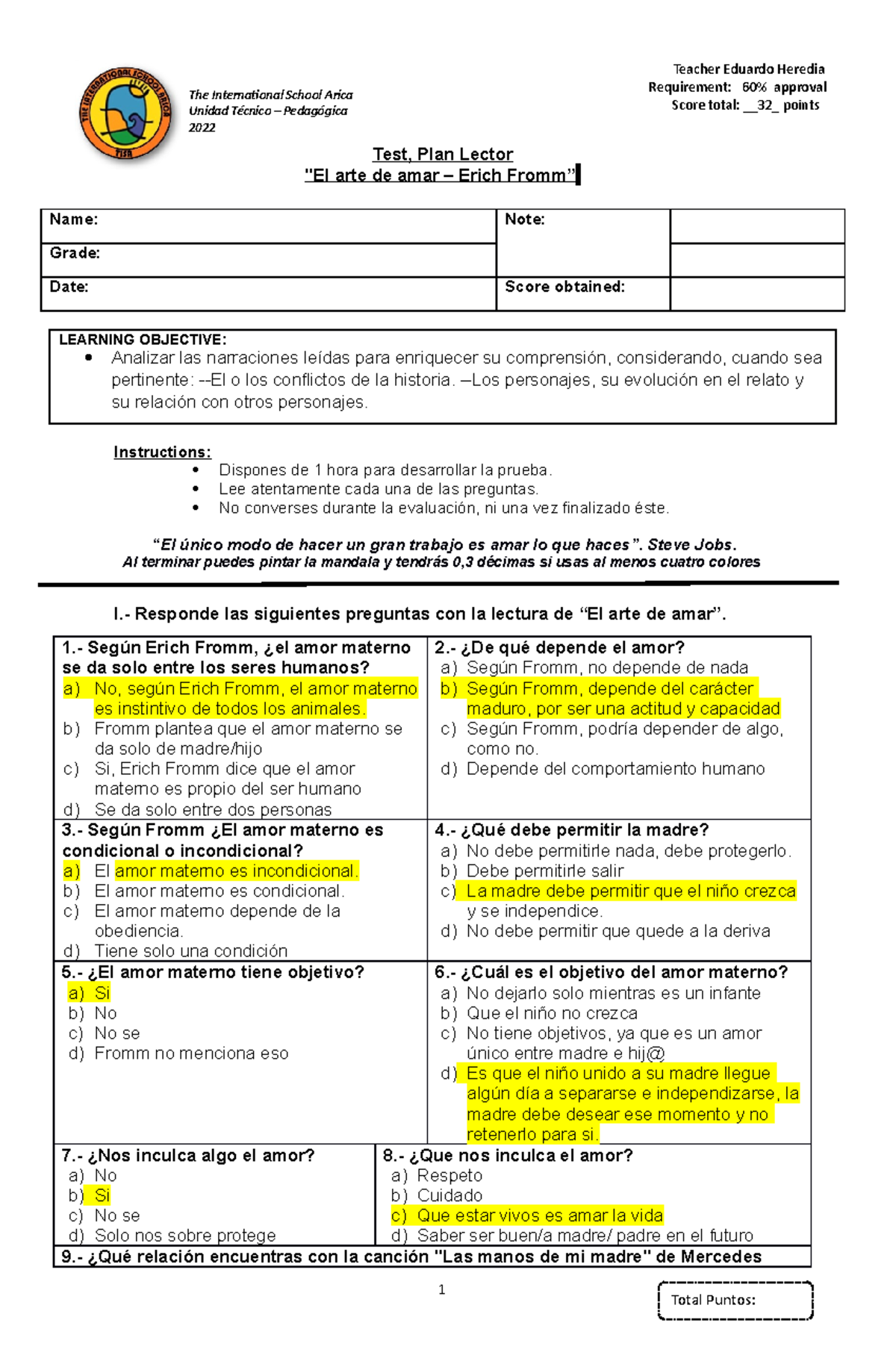 Control de lectura el arte de amar (2do medio) respuesta - Test, Plan ...