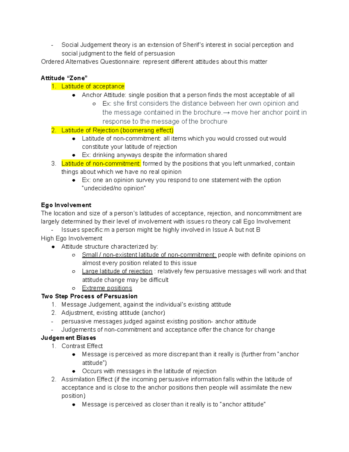CMN 101 Y pt - Lecture notes and examples - Social Judgement theory is ...