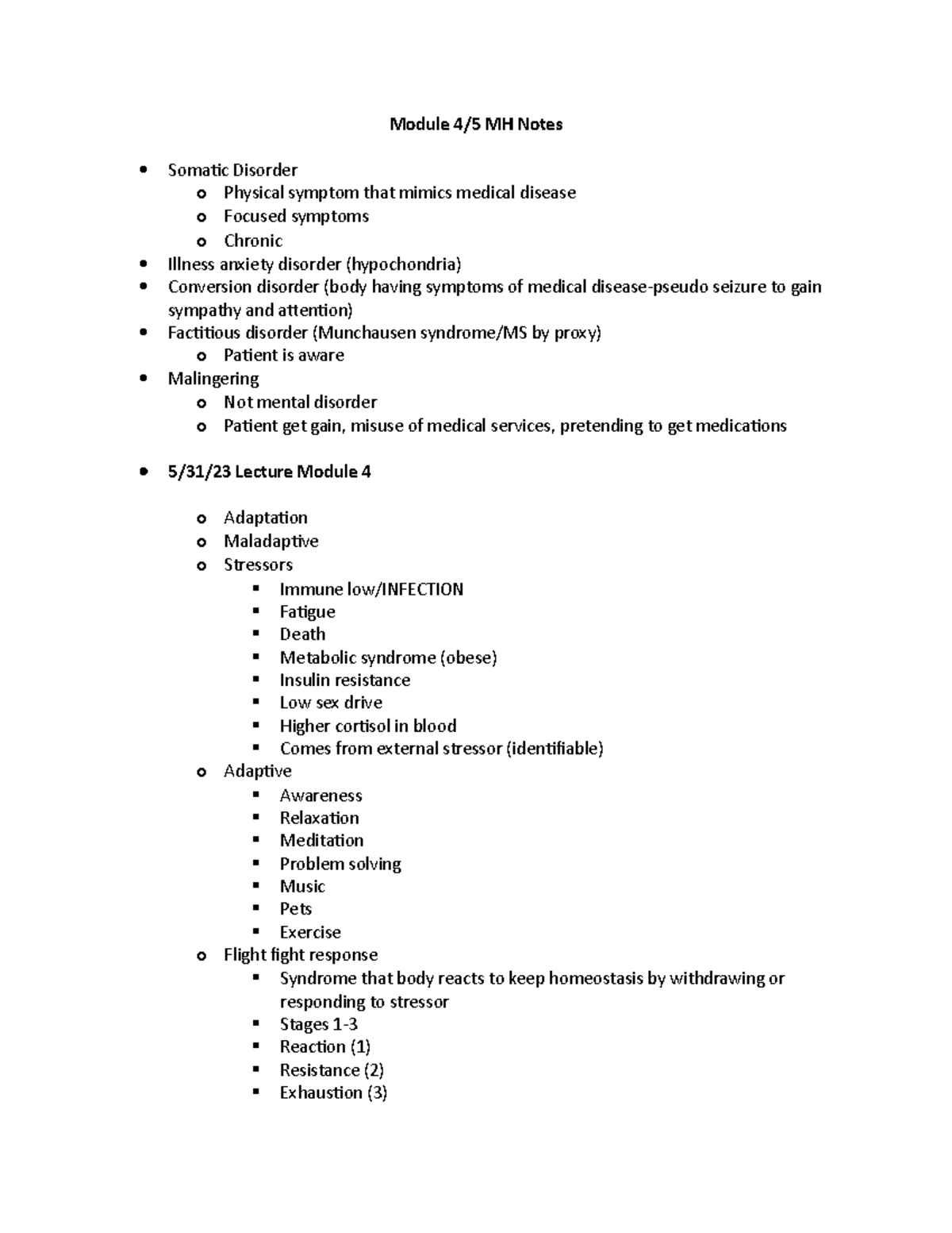 Module 4 Lecture Notes - Module 4/5 MH Notes Somatic Disorder o ...