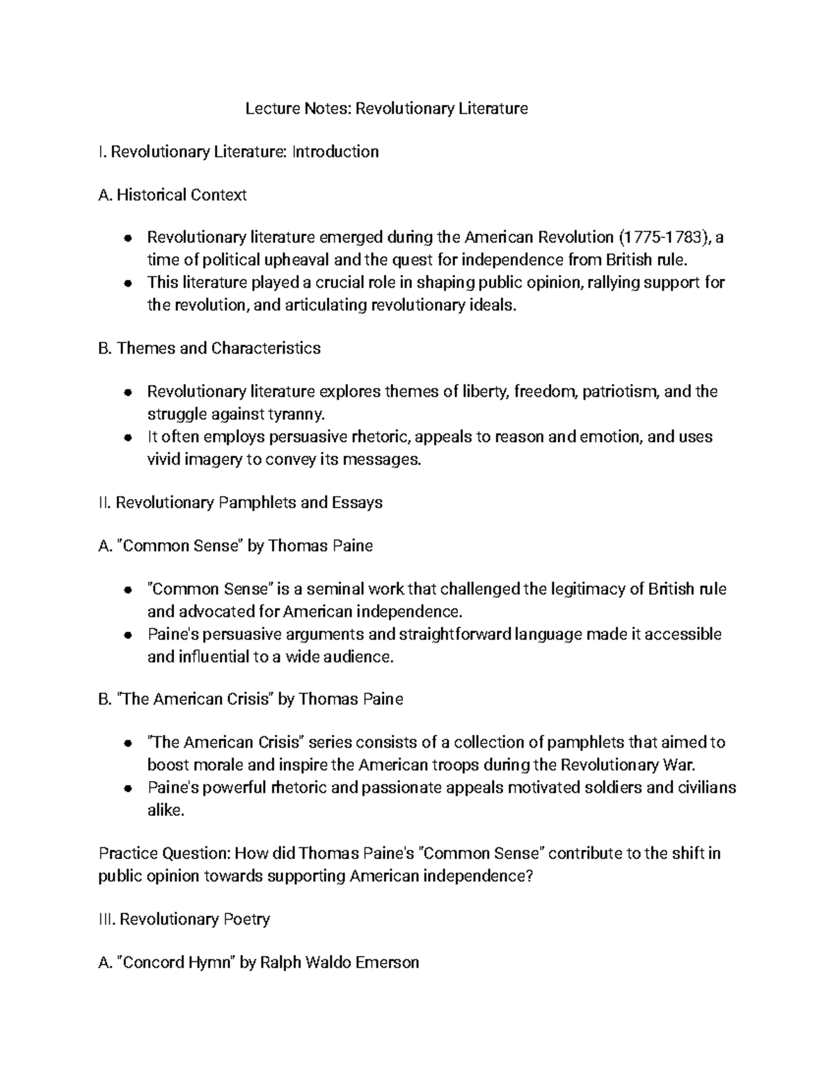 Revolutionary Literature 1 notes - Lecture Notes: Revolutionary ...